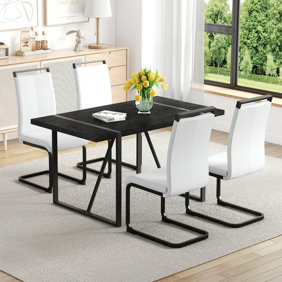 Black Faux Wood Grain MDF Dining Table Set, Minimalist Retro ...