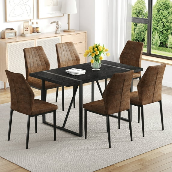 Black Faux Wood Grain MDF Dining Table Set, Minimalist Retro ...
