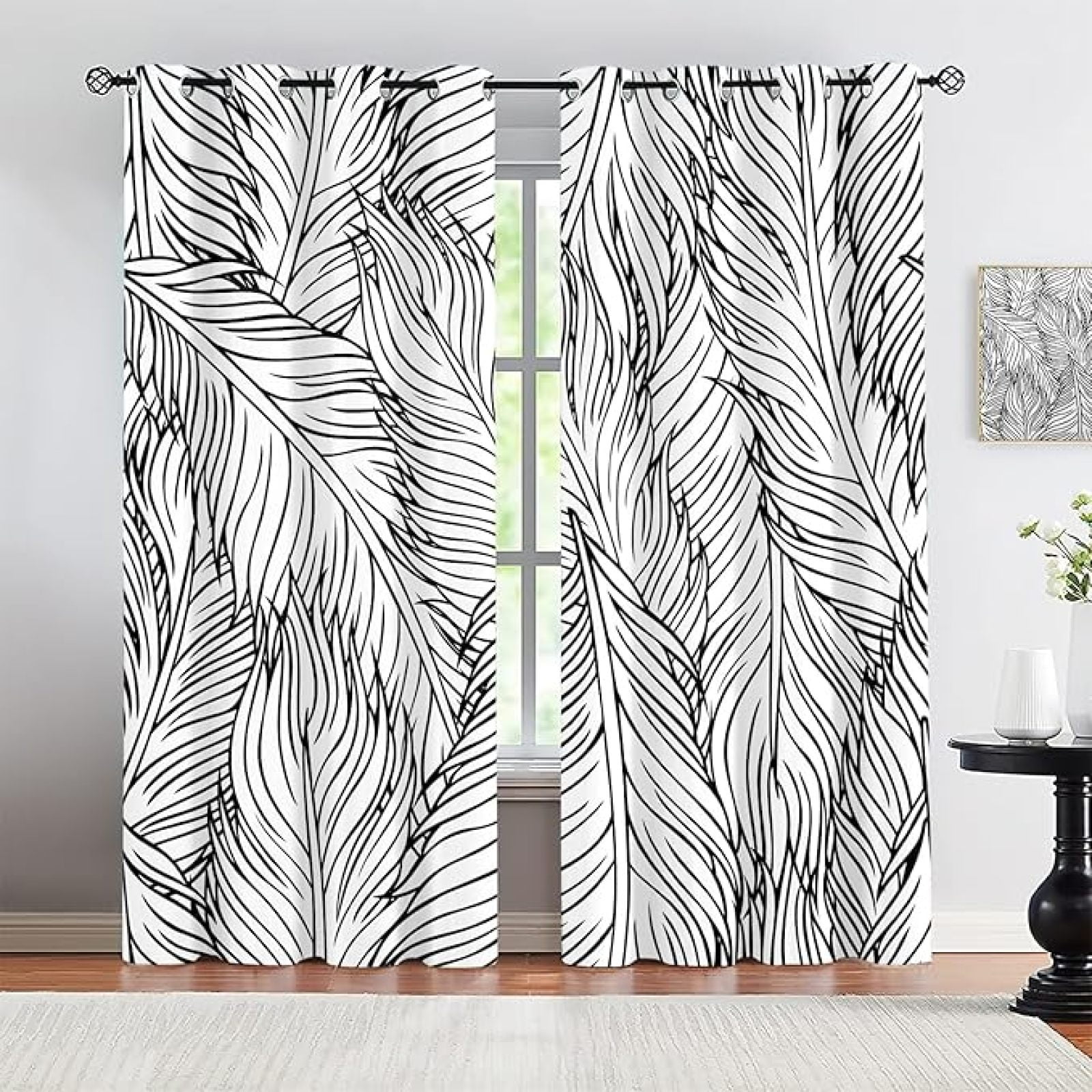 Black Feather Print Blackout Curtains, Abstract Black And White Feather ...