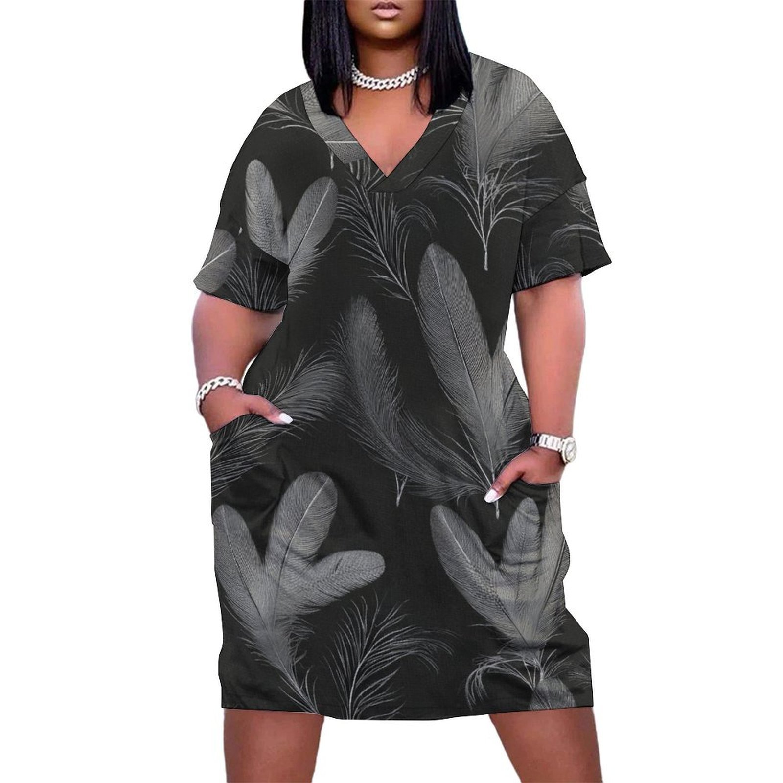 Black Feather Scale Print Loose Pocket Dress Dresses Summer Summer ...