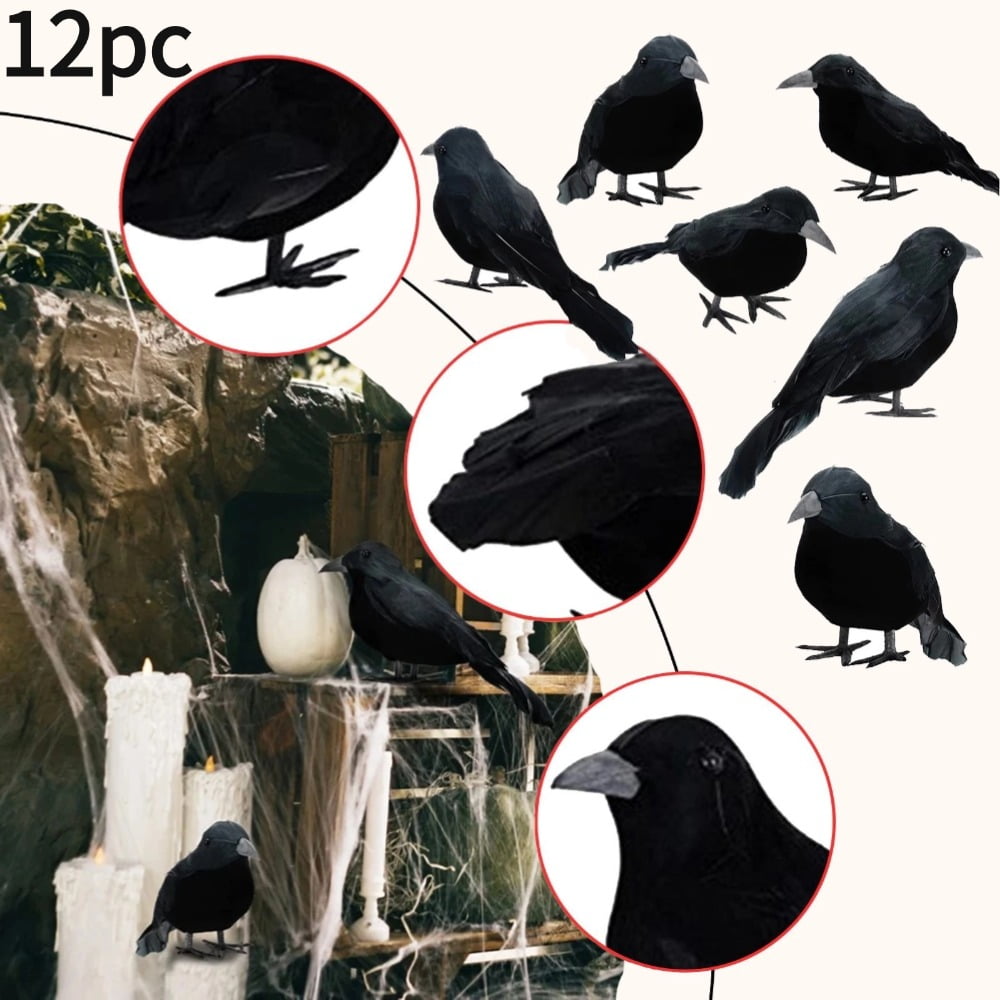 Black Feathered Crow Ornaments: 12-Pack for DIY Halloween Decor, Indoor ...
