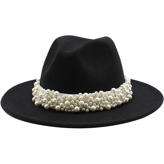 Black Fedora Hats for Women Panama Hat with Band Wide Brim Felt Hat ...