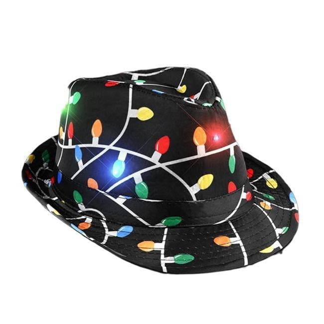 Black Fedora in Christmas Bulb Prints Hat with Multicolor LEDs ...