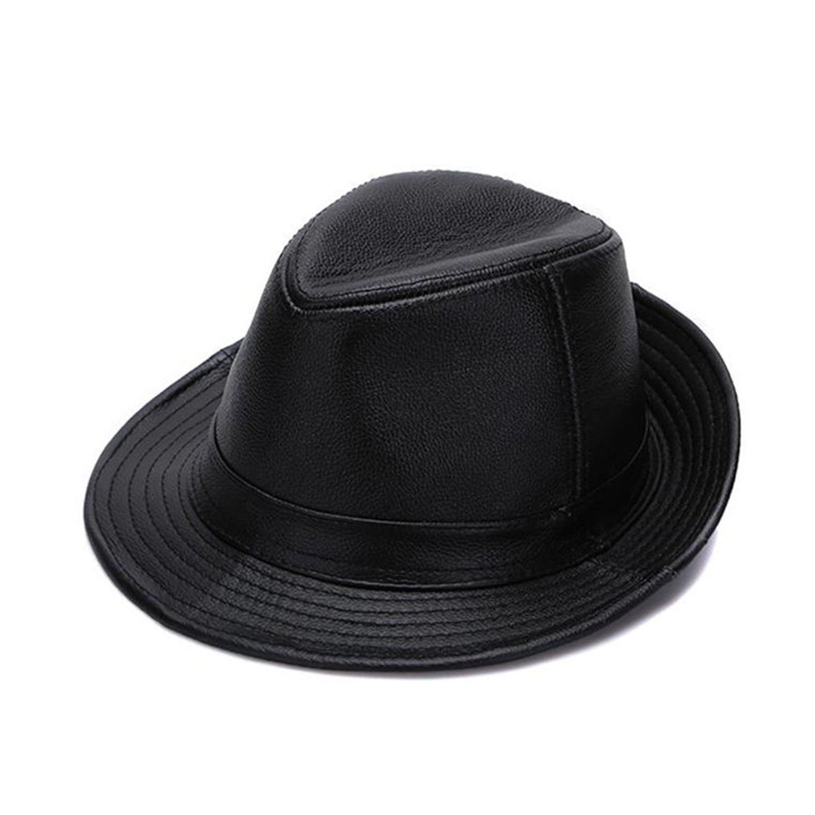 Black Fedoras Hats Men Genuine Leather Retro Jazz Caps Gentleman Real ...