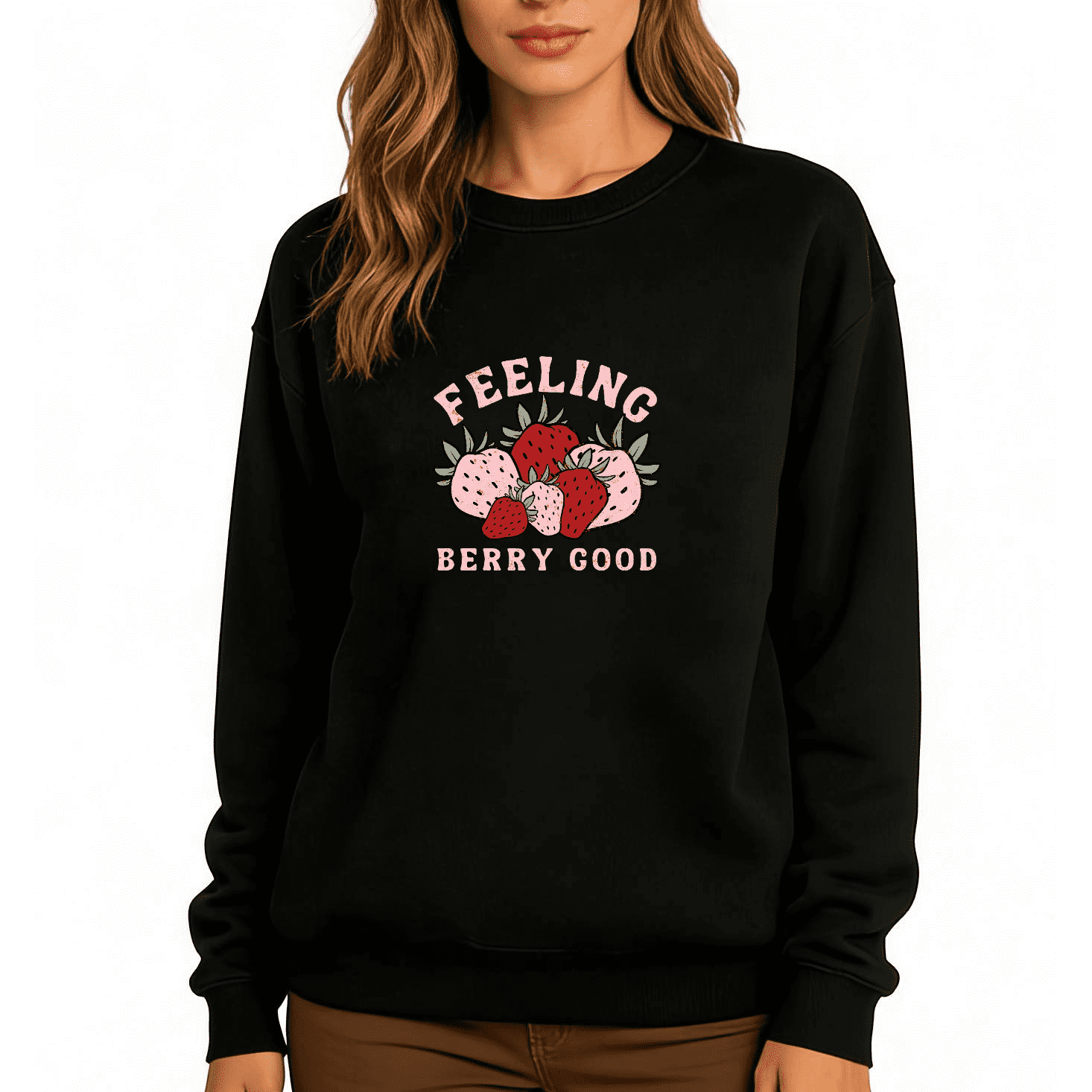 Black Feeling Berry Good Retro Strawberry Print Crewneck Sweatshirt ...