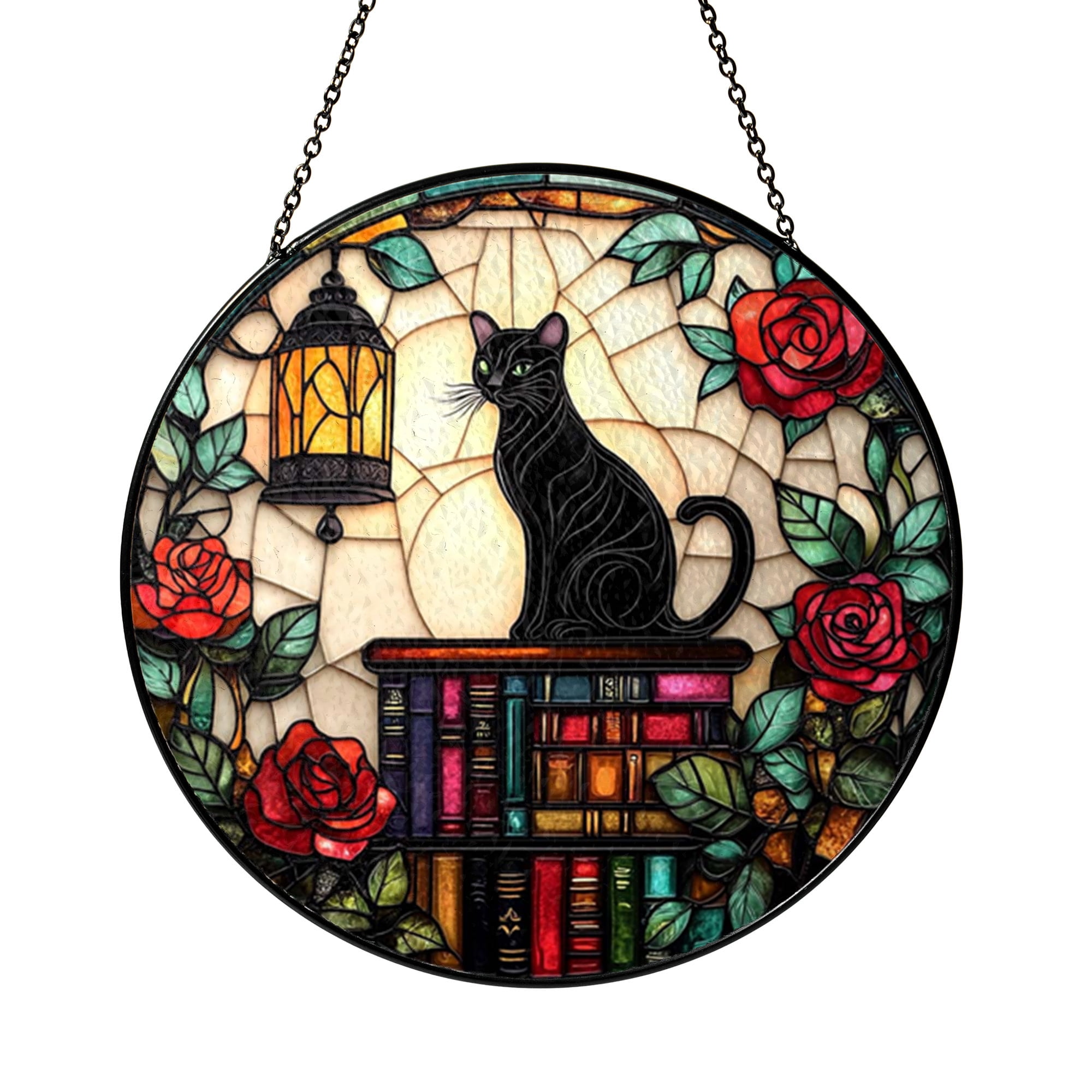 Black Feline Bookshelf Stained Glass Window Hanging – Artistic Home ...