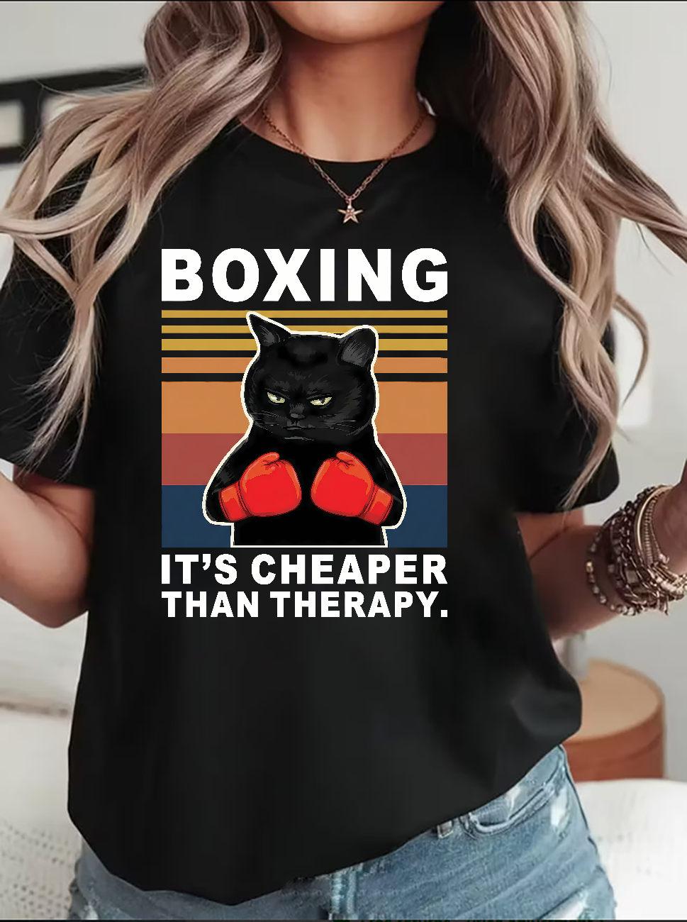 Black Feline Cat Boxing Cheaper Than Therapy Funny Graphic Unisex T ...