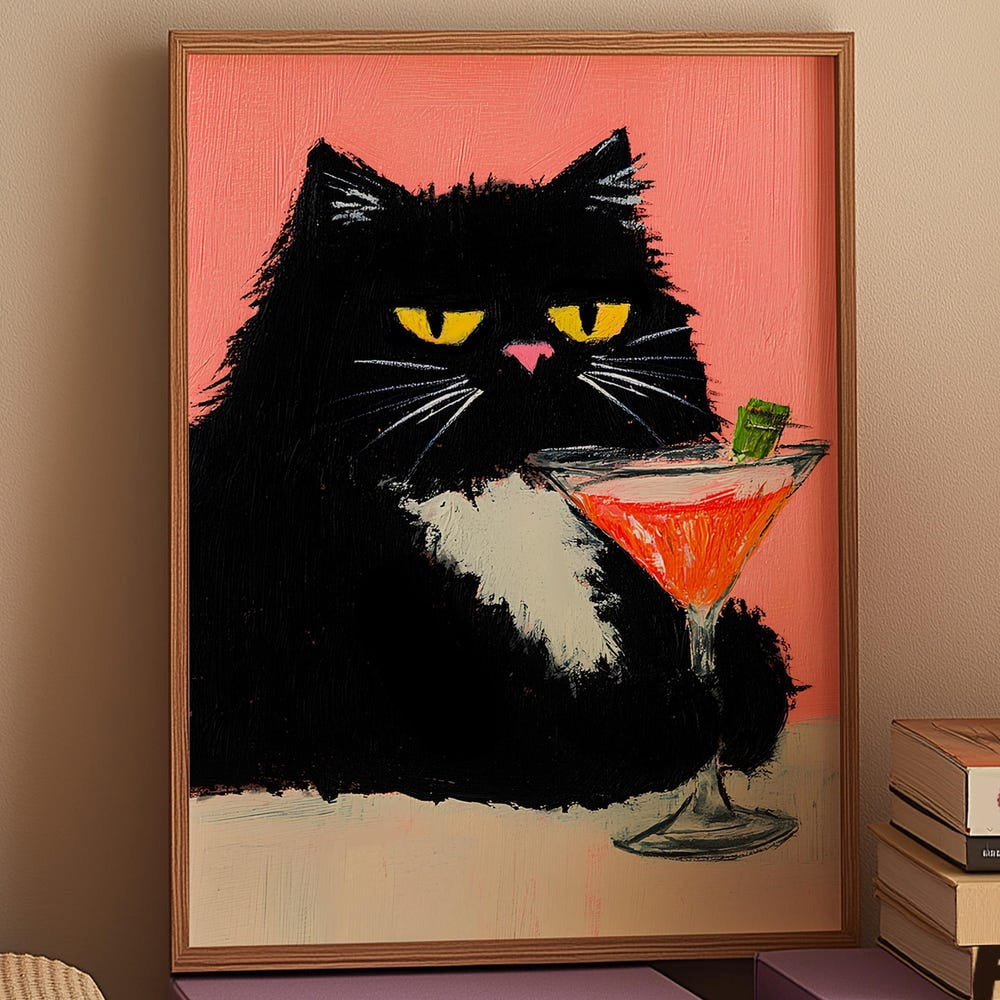 Black Feline Painting, Martini Poster, Pop Art Decor, Cocktail Lounge ...