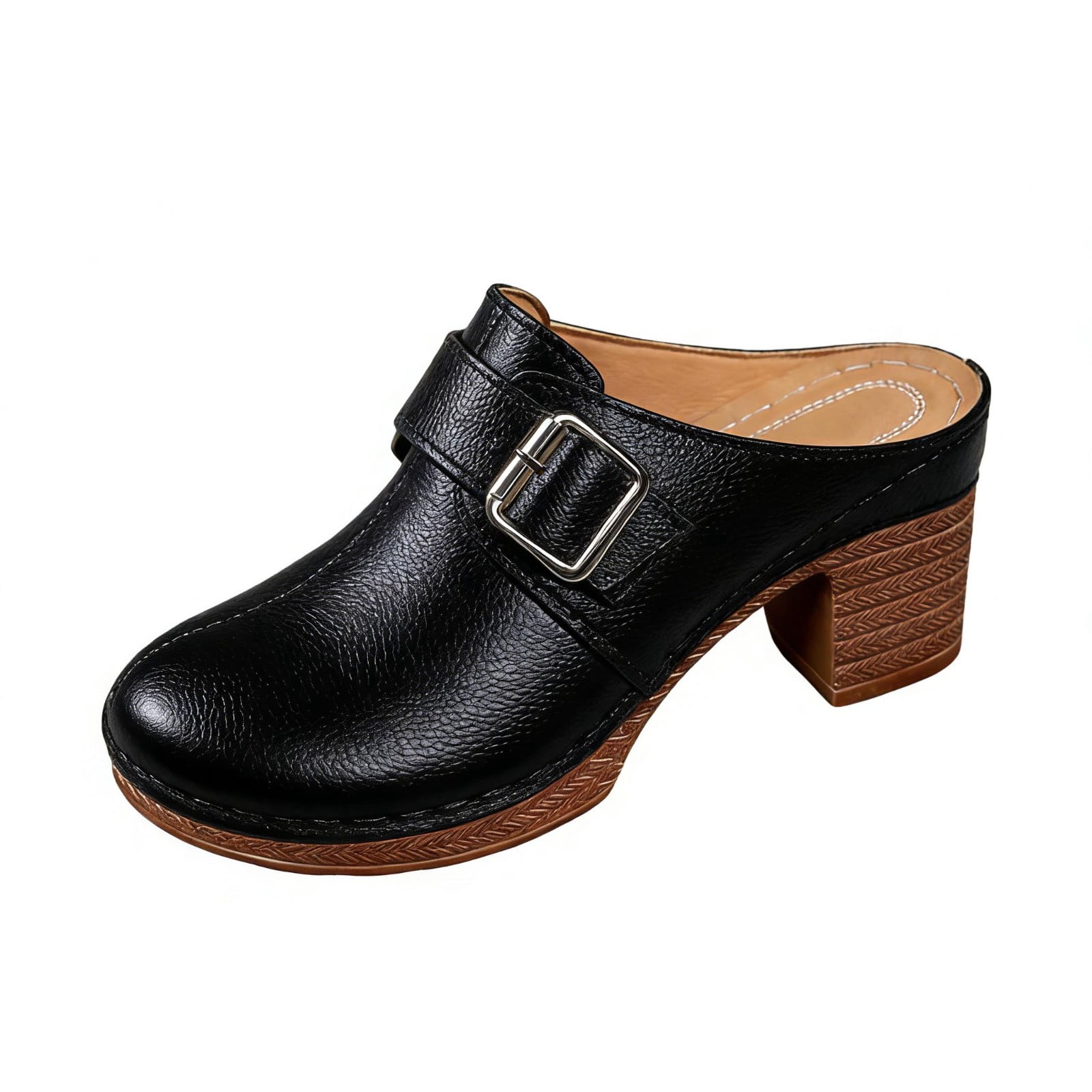 Black Female Closed-Toe Heel Slides With Block Heel Rich Tone For ...