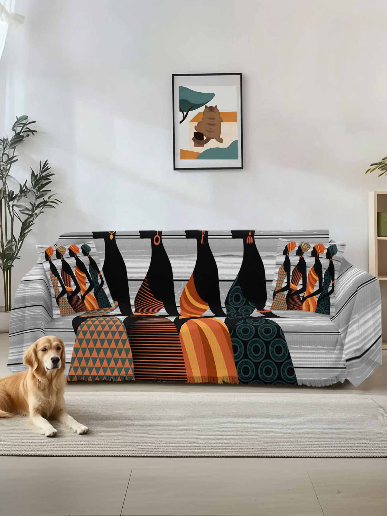 Black Female Couch Cover for 2 Cushion Sofa, African Women Geometric ...
