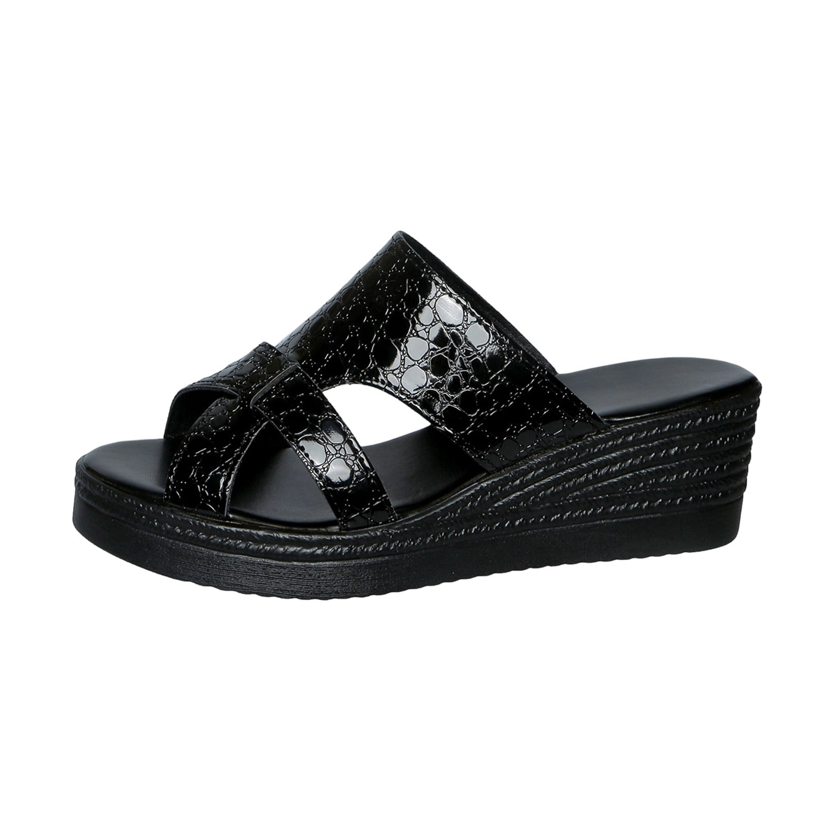 Black Female Everyday Sandals Patterned Straps Textured Detail Wedge ...