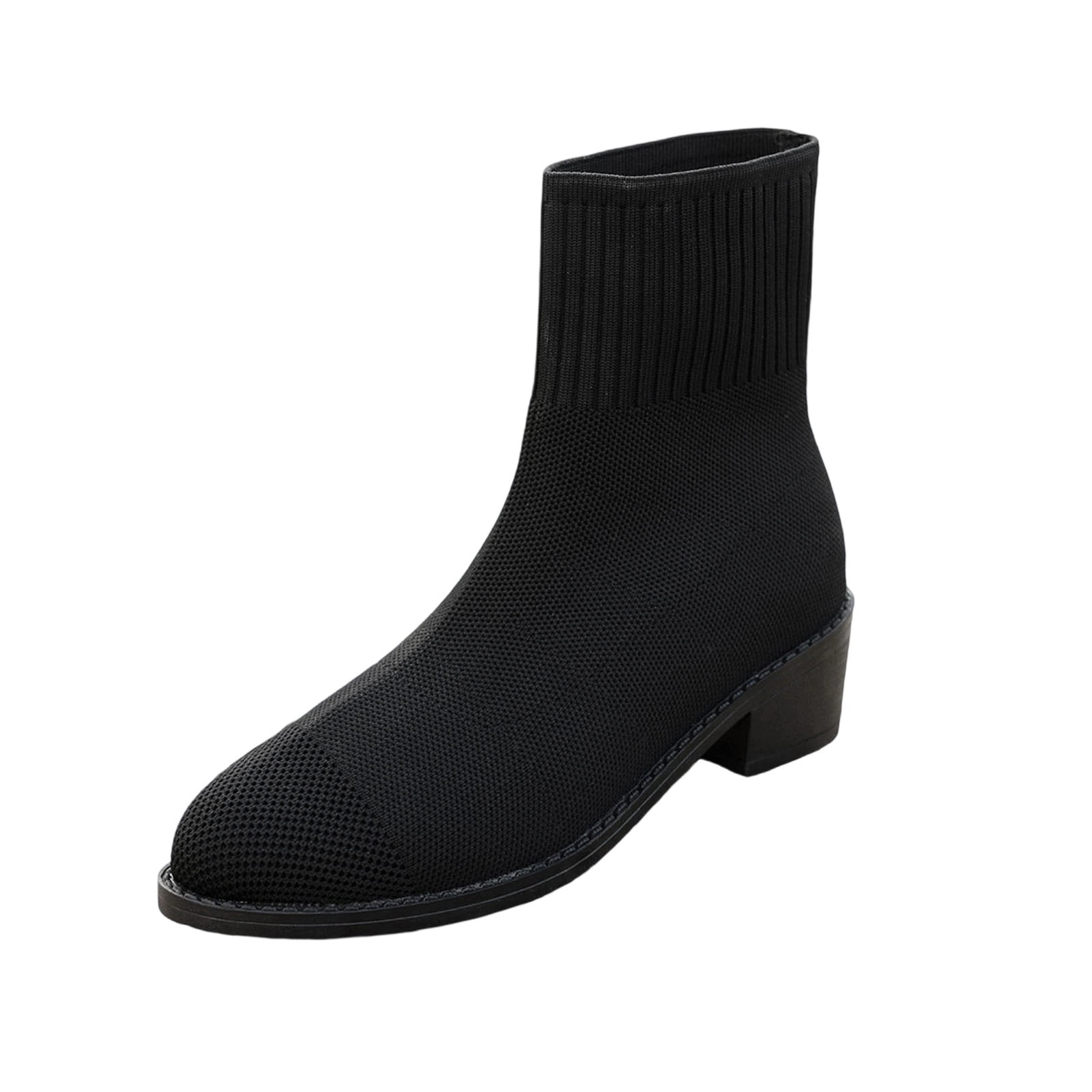Black Female Flying Woven Block Heel Short Boots For Fall And Winter ...