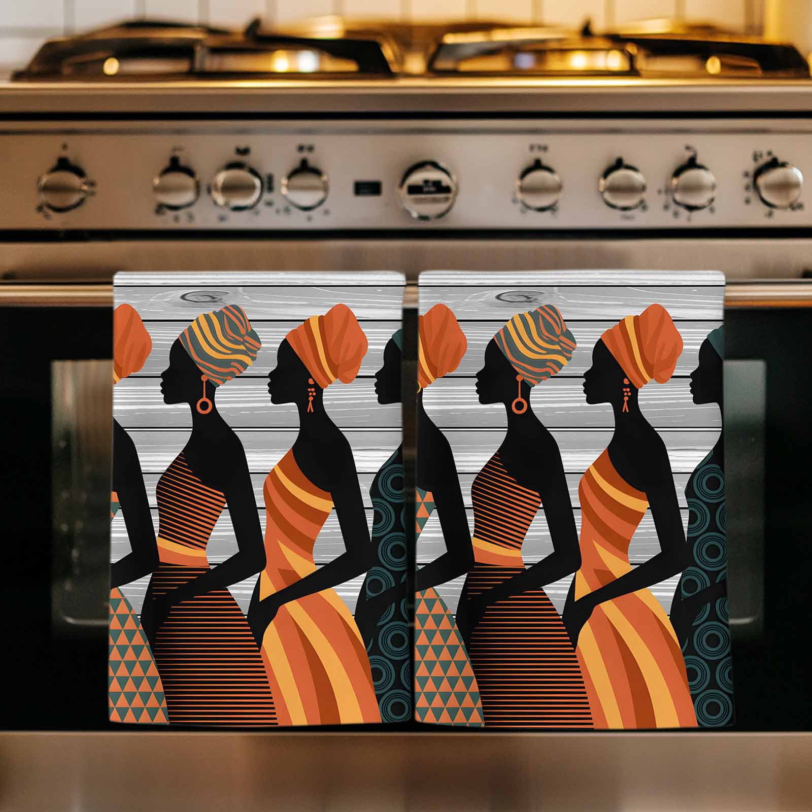 Black Female Kitchen Towels Set of 4, African Women Geometric Abstract ...