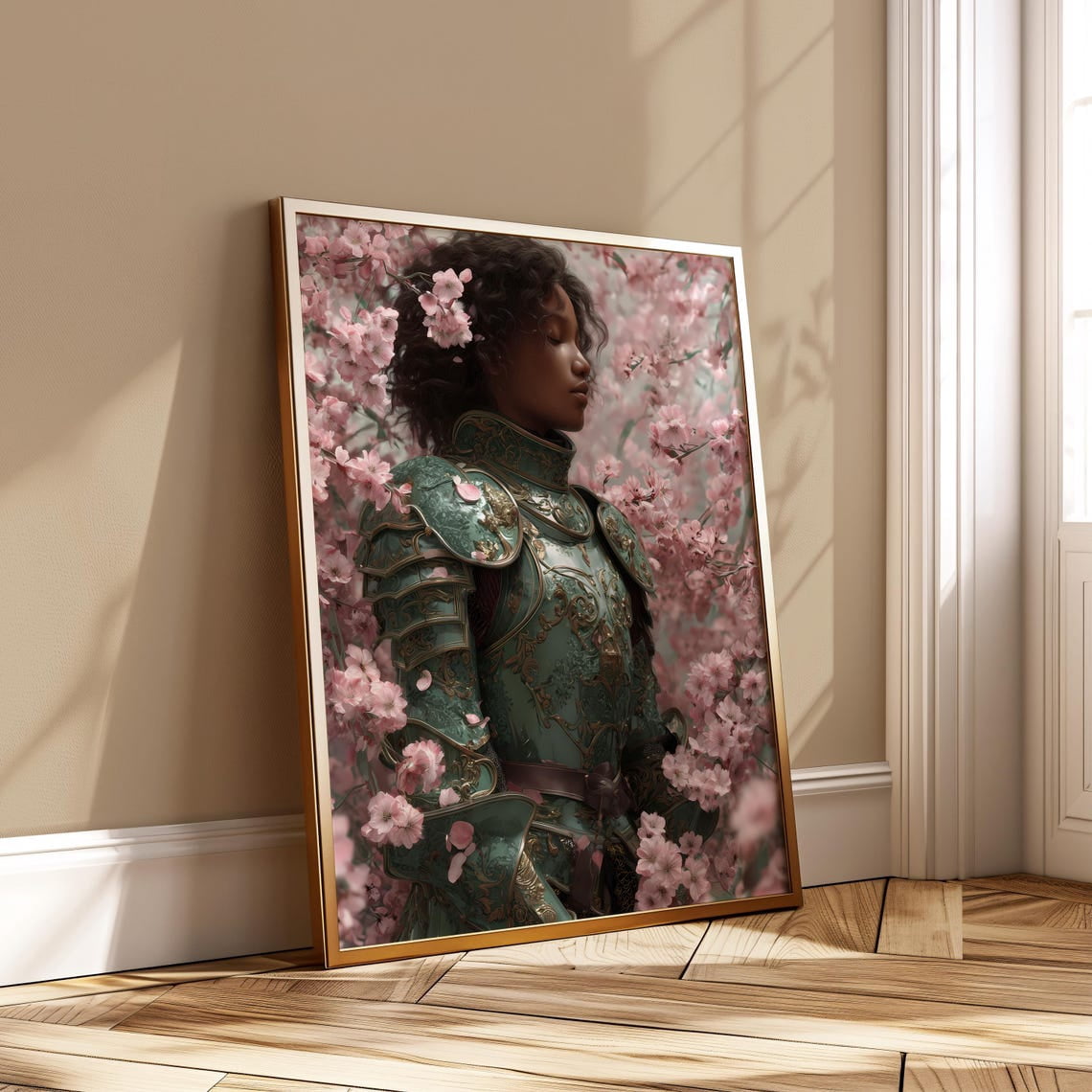 Black Female Knight Sakura Warrior Green Floral Armor Fantasy Art ...