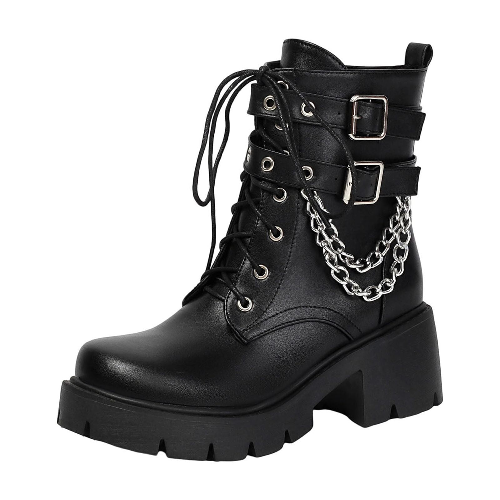 Black Female Round Toe Ankle Boots Lace-Up Front Side Zipper Chunky Mid ...