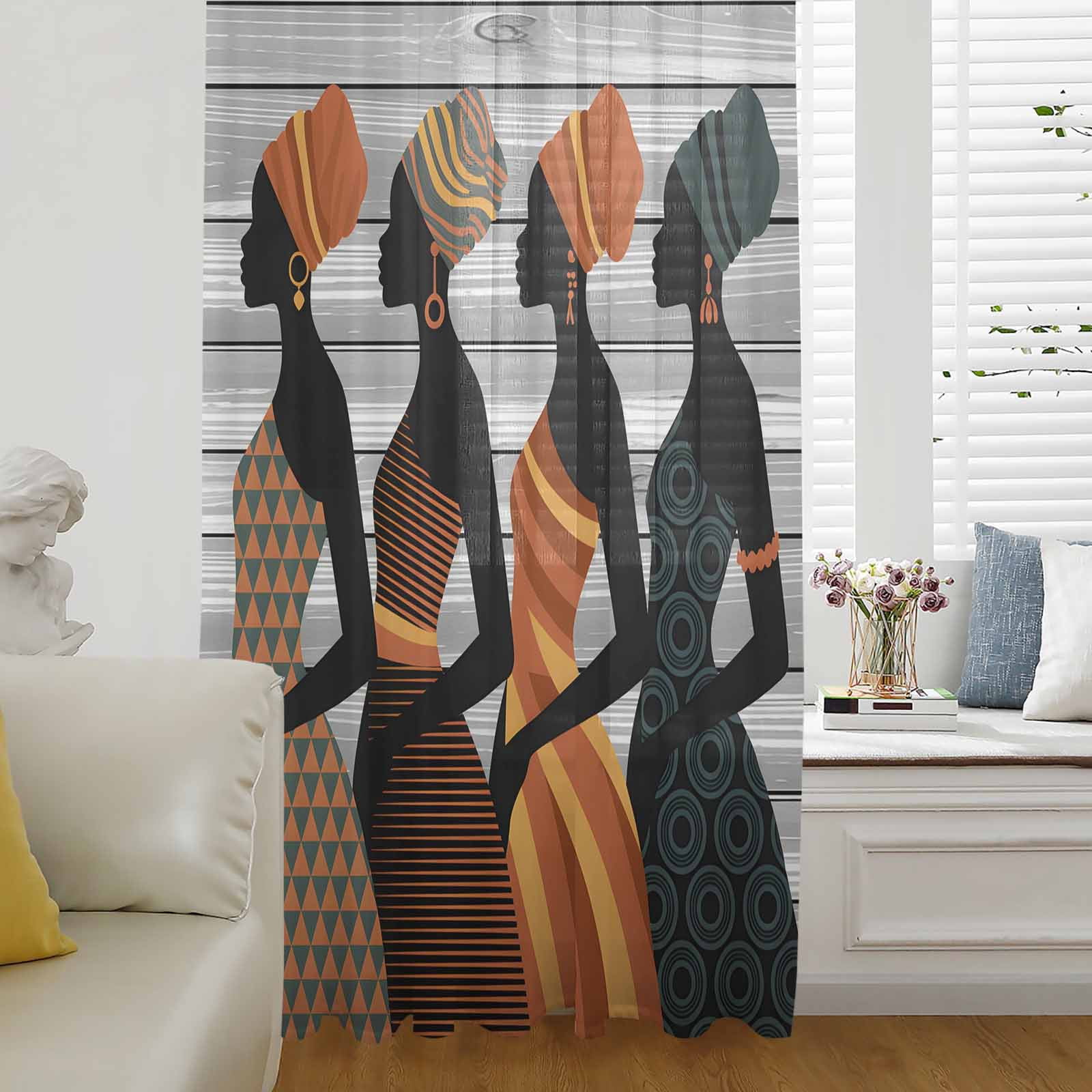 Black Female Semi Sheer Curtains Drapes for Living Room, Bedroom ...