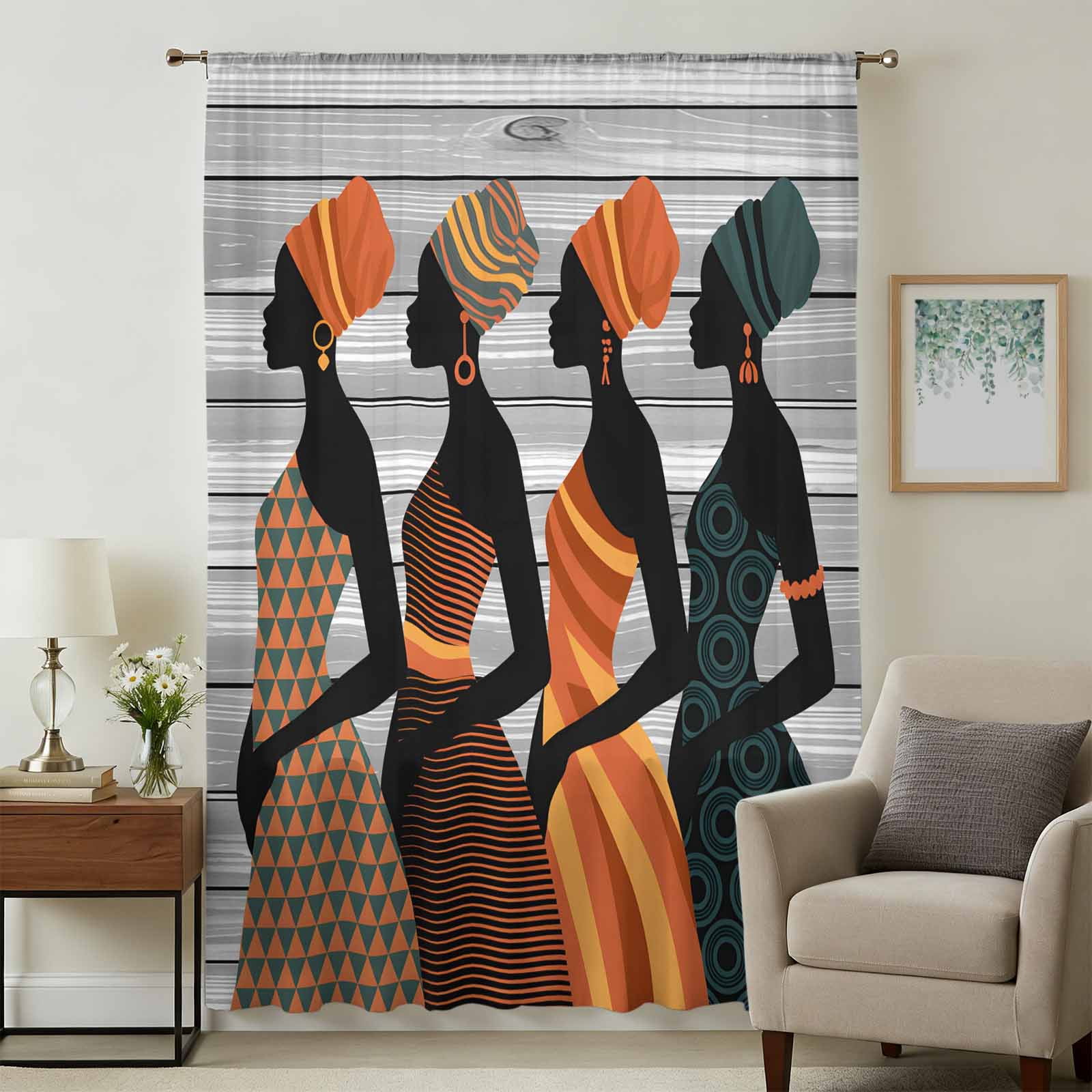Black Female Sheer Curtains 72 Inches Long, African Women Geometric ...