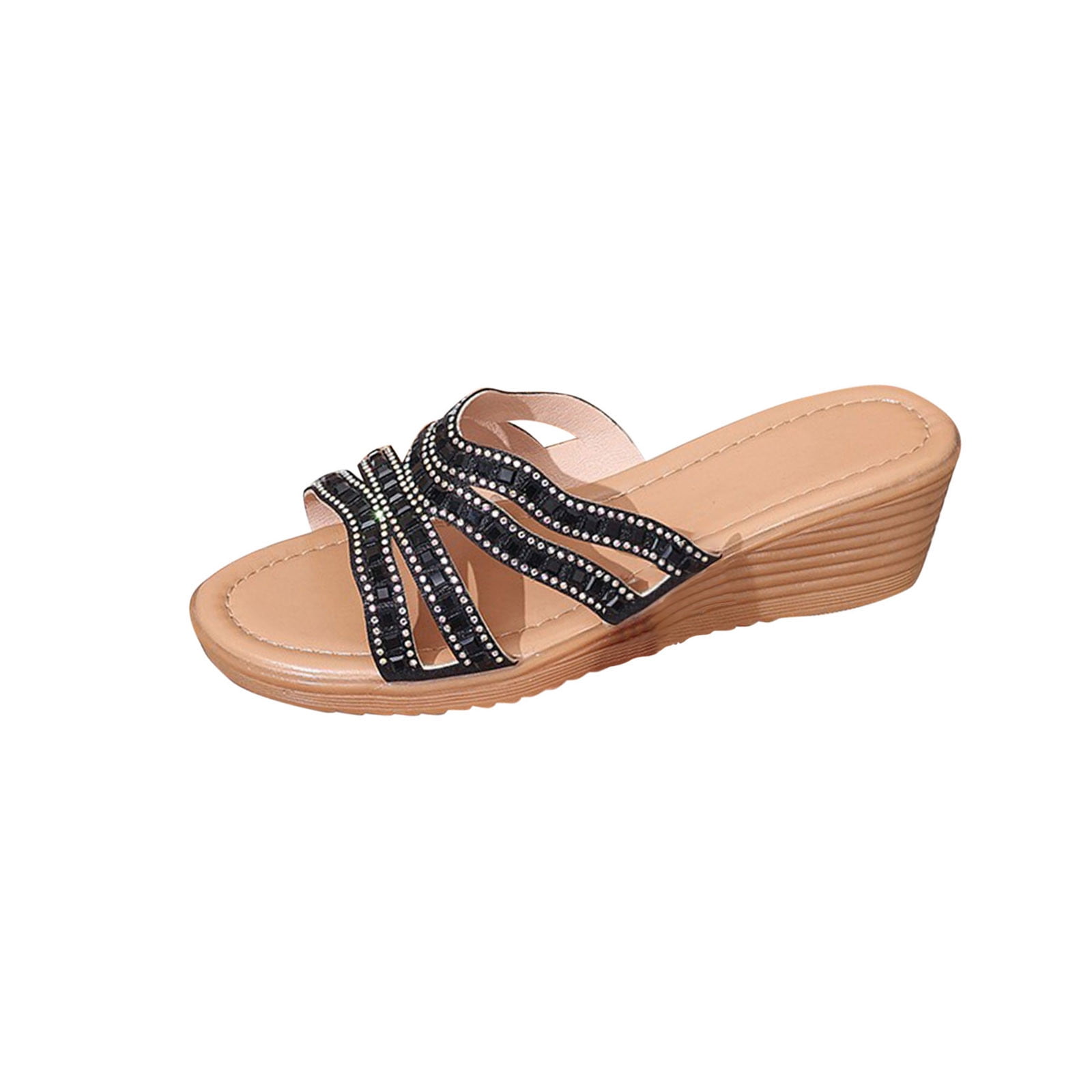 Black Female Wedge Heel Slippers With Rhinestone For Beach And Home ...