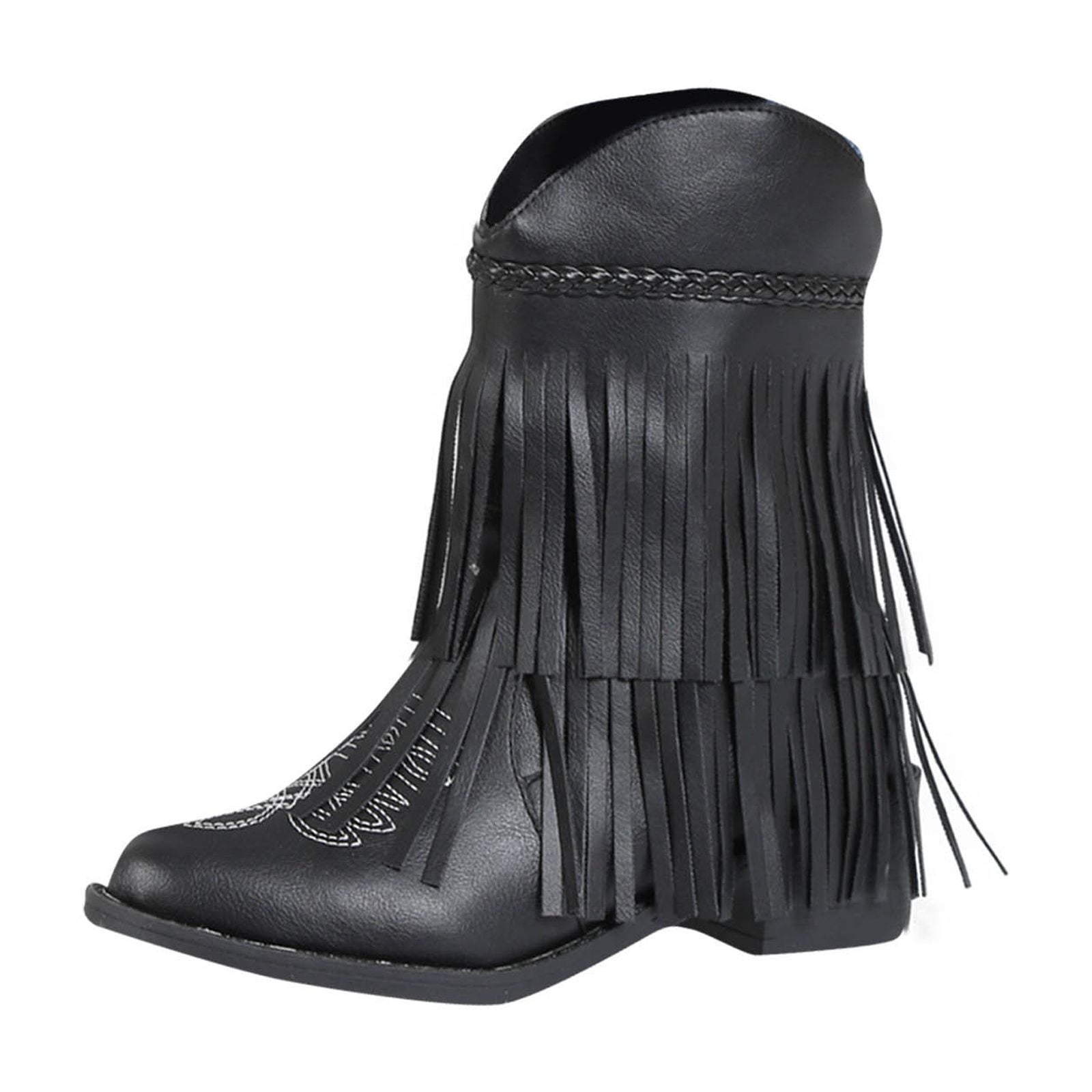 Black Feminine Embroidery Denim Boots With Fringed Details And Coarse ...