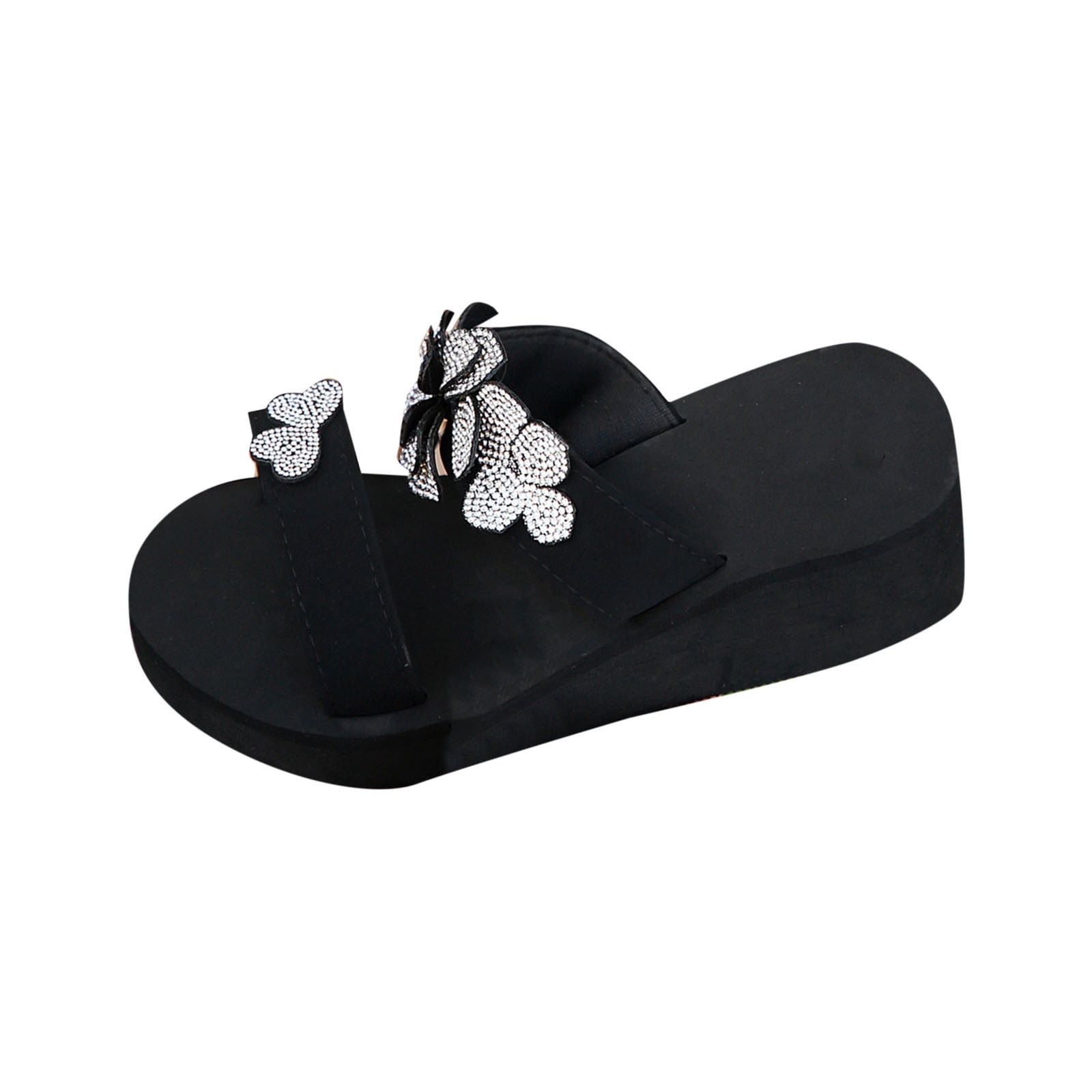 Black Feminine Relaxed Rhinestone Slippers With Wedge Sole Suitable For ...