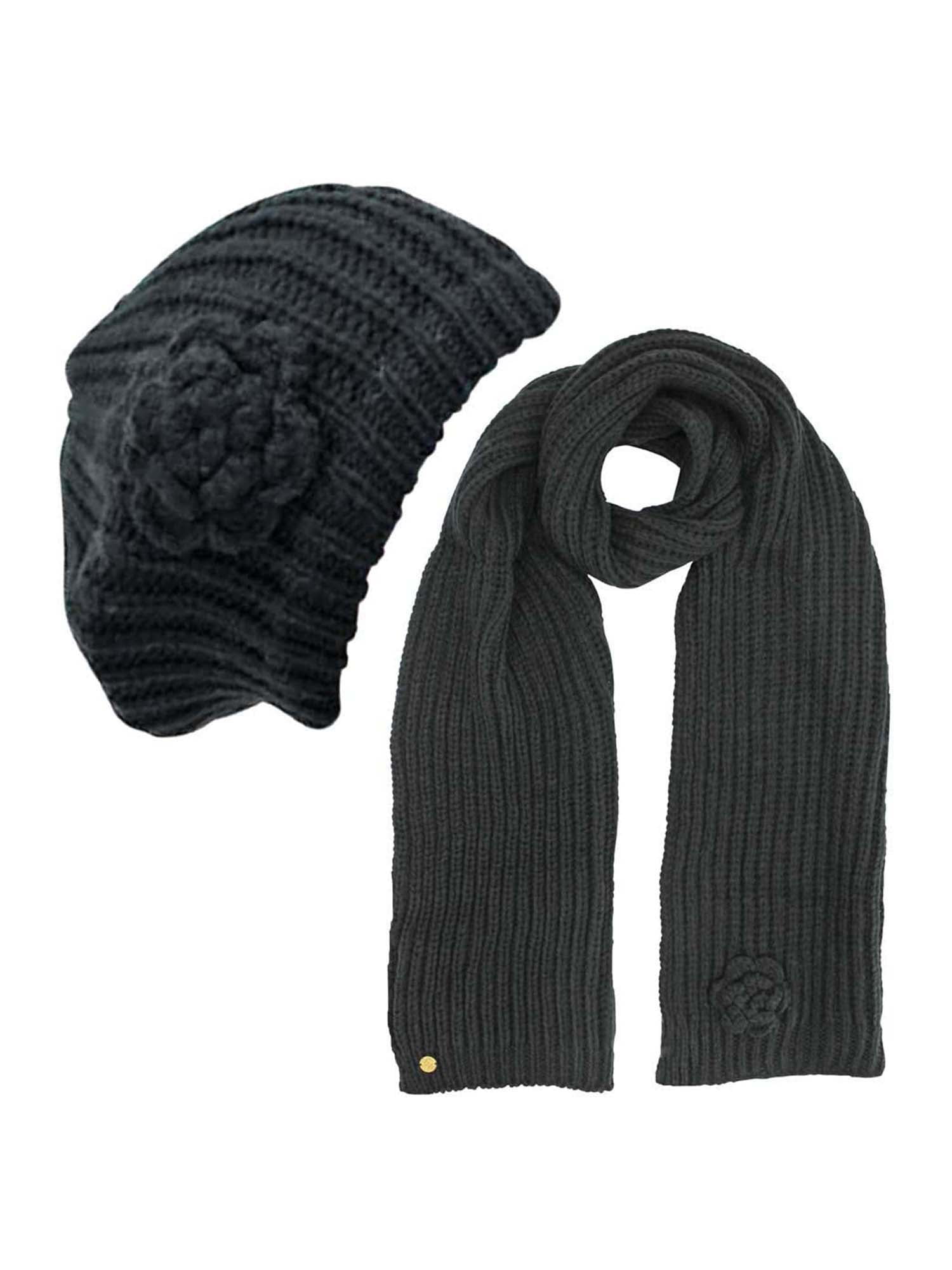 Black Feminine Rosette Knit Beret Hat & Scarf Set - Walmart.com