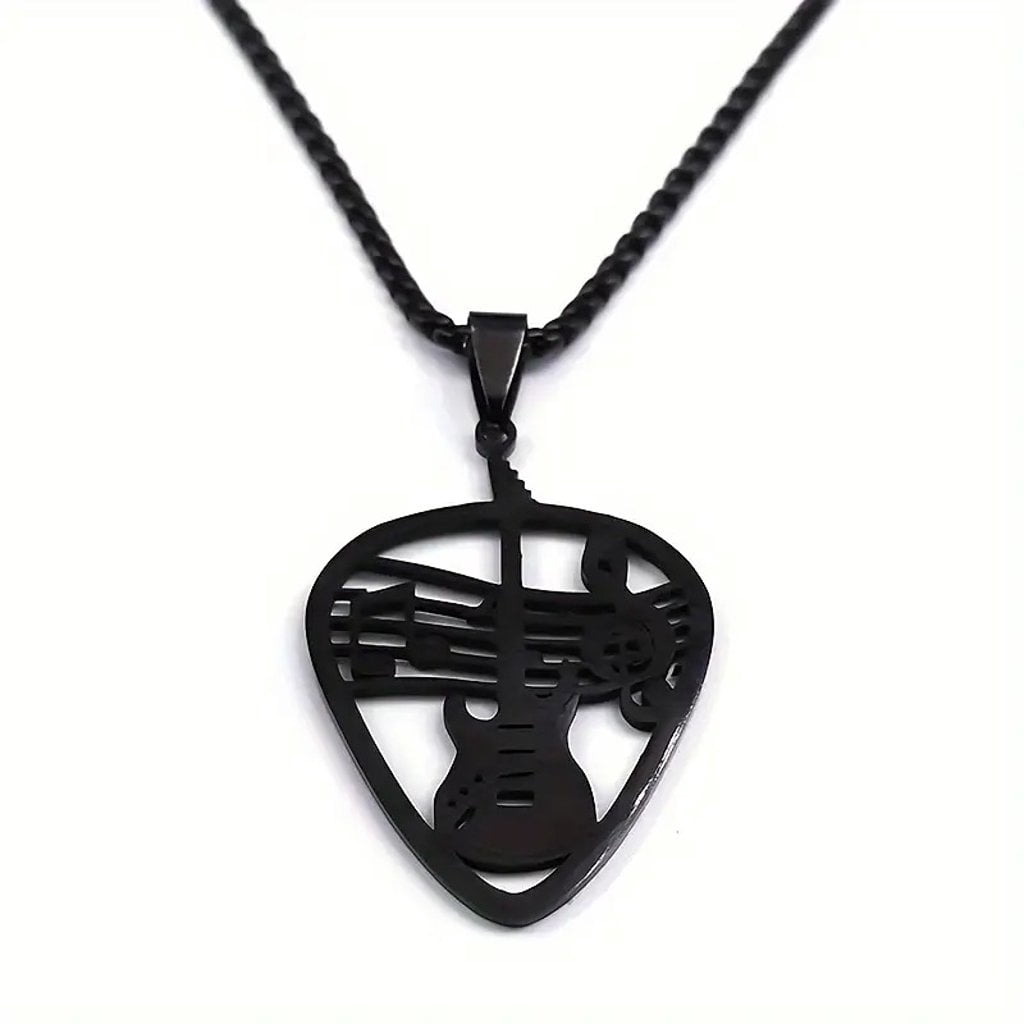 Black Fender Guitar Pick Necklace Stainless Steel Chain Rock Band Music ...