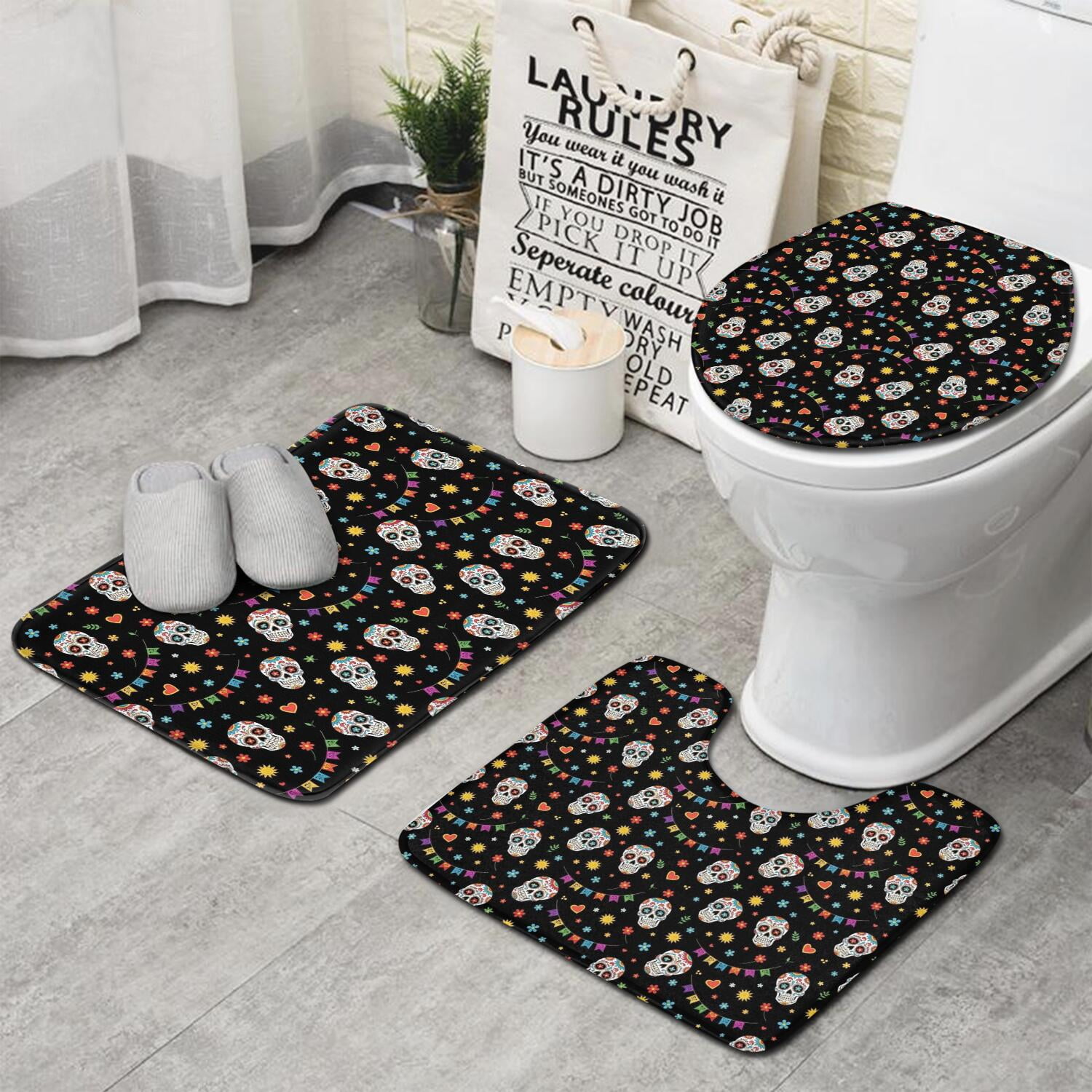 Black Festive Skull Pattern Bathroom Rugs Sets 3 Piece,Toilet Cover Set ...
