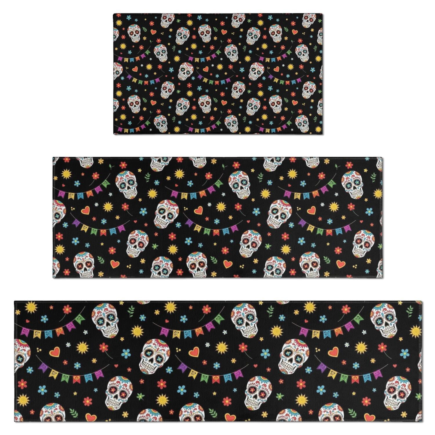 Black Festive Skull Pattern Kitchen Rugs Sets Of 3,Kitchen Runner Rugs ...
