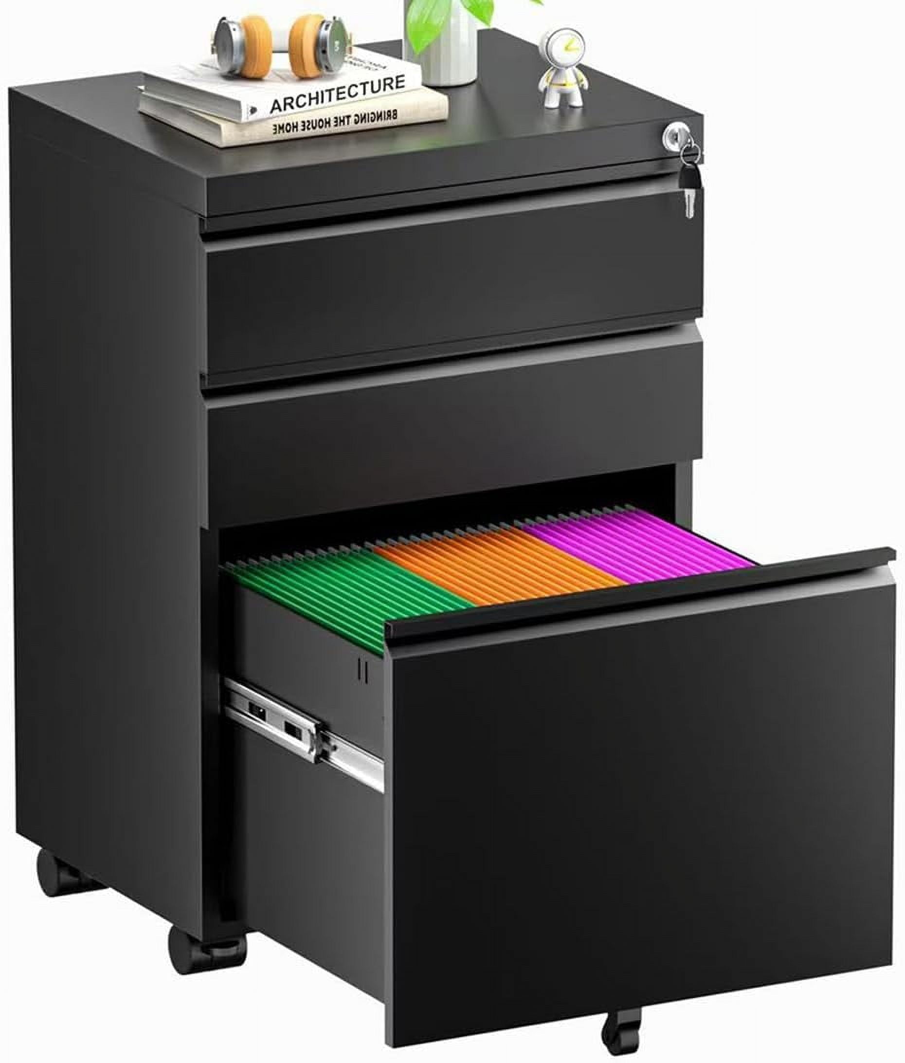 Black File Cabinet 3 Drawer, Metal Rolling Vertical Filing Cabinet with ...