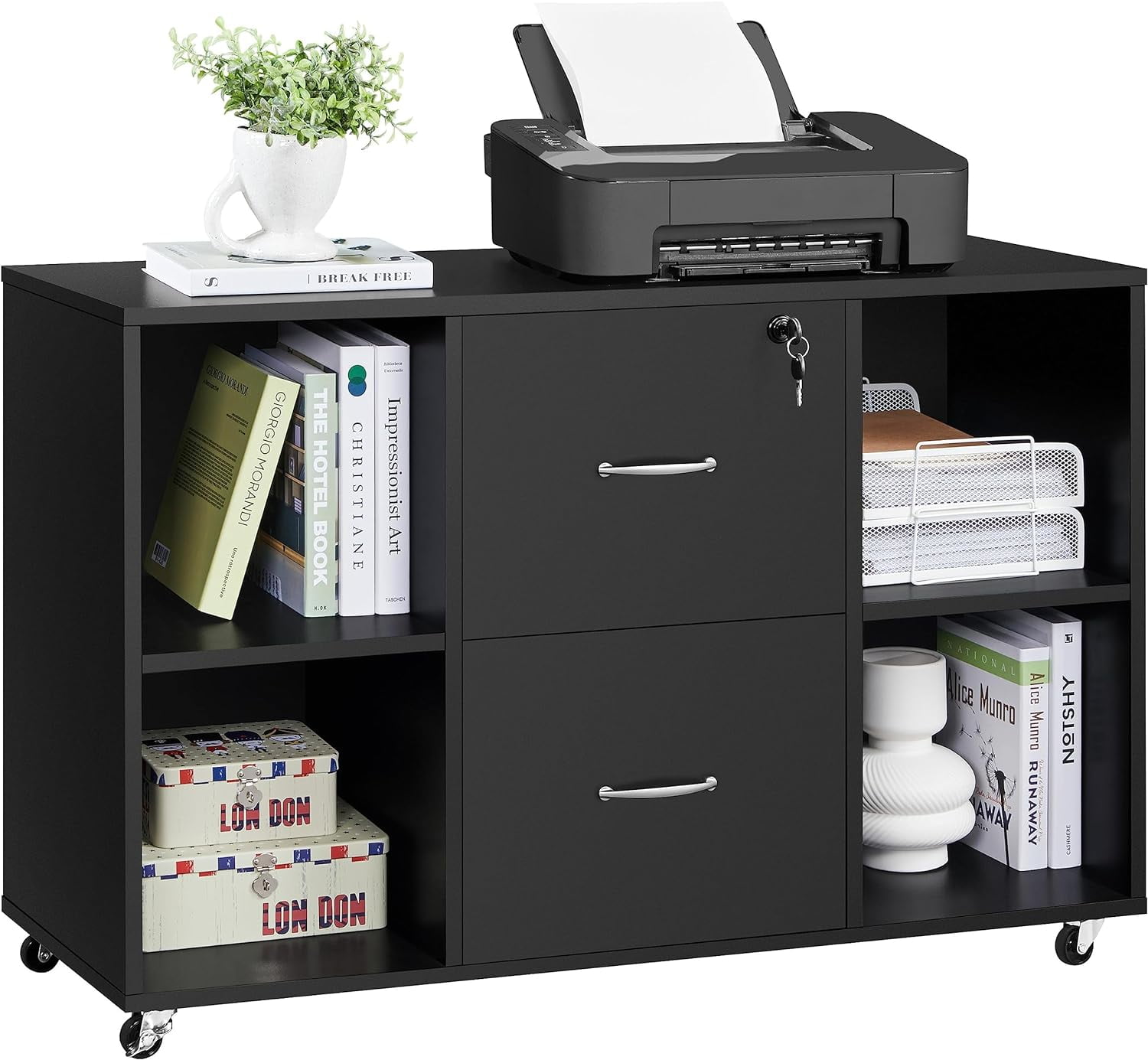 Black File Cabinet Large Mobile Storage Lateral Filing Cabinet with 2 ...