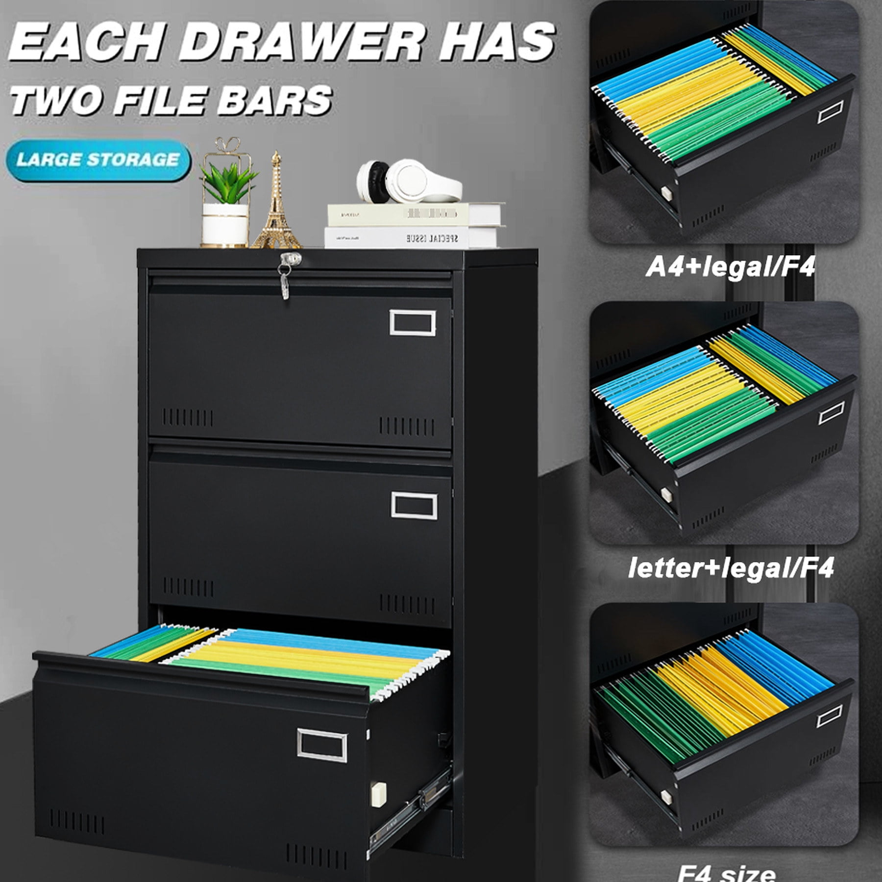 Black Filing Cabinet | Three Drawers for Home Office Use | Metal ...
