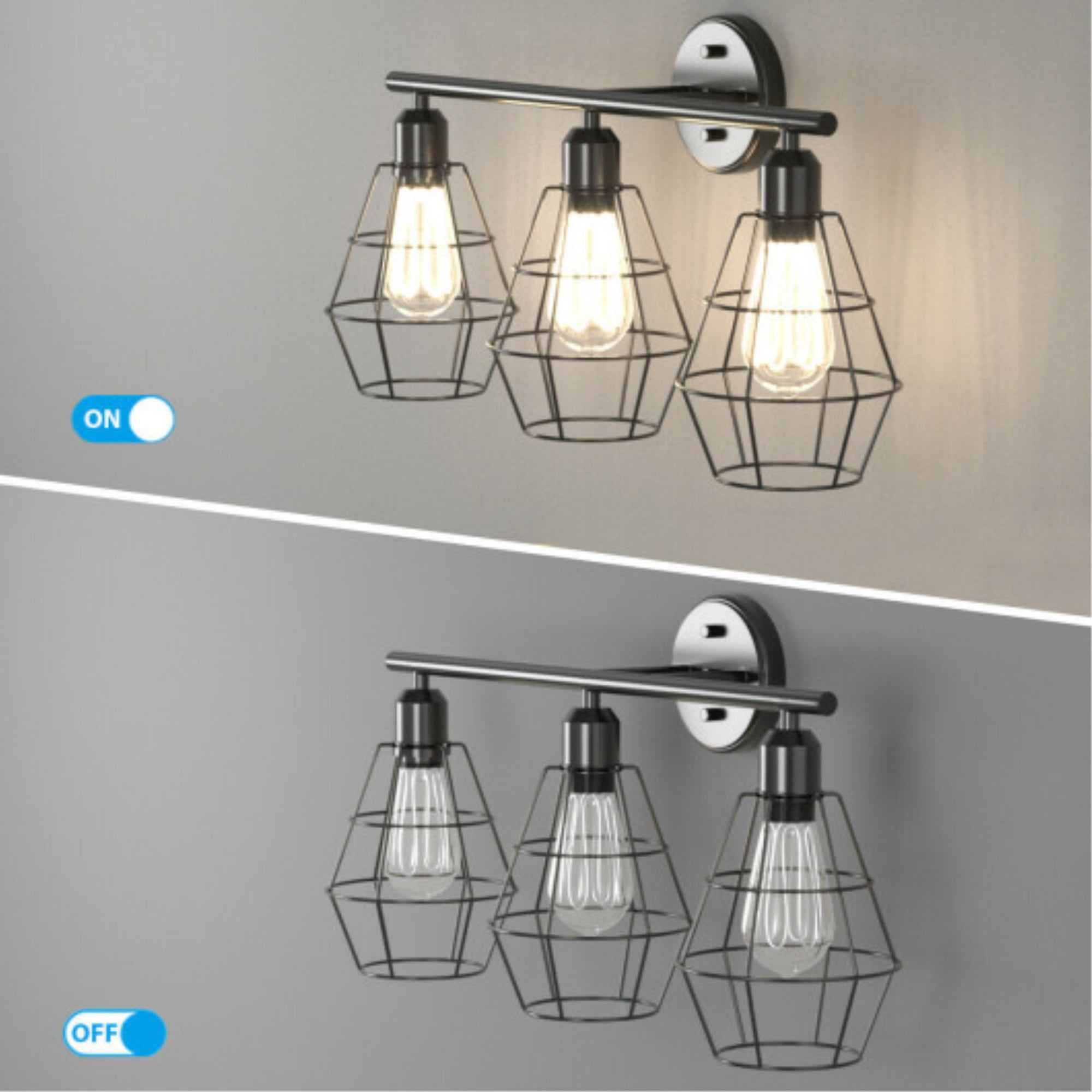 Black Finish 3-Light Bathroom Wall Sconce with Vintage Industrial Cage ...
