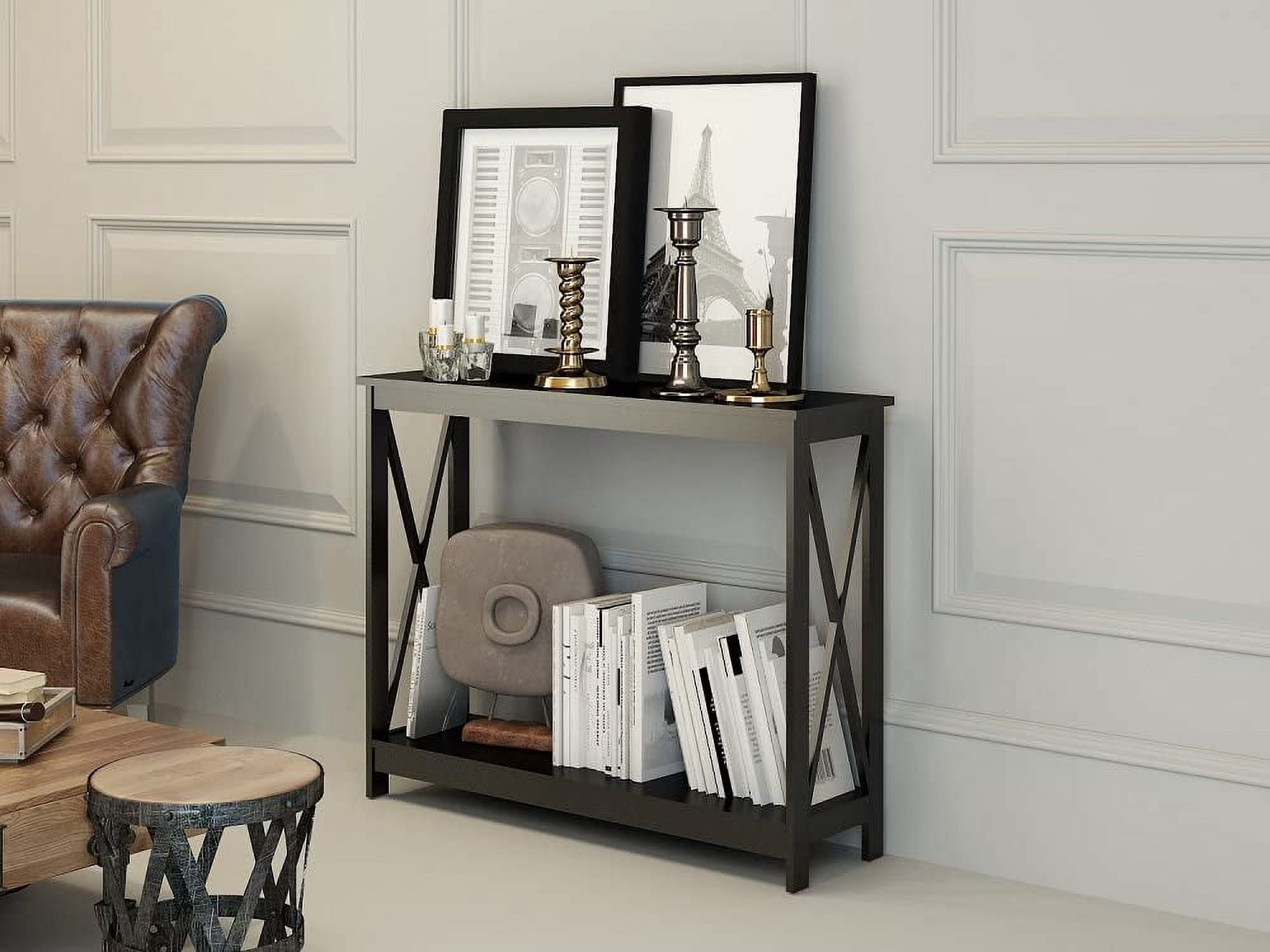 Black Finish 3-Tier X-Design Occasional Console Sofa Table Bookshelf ...