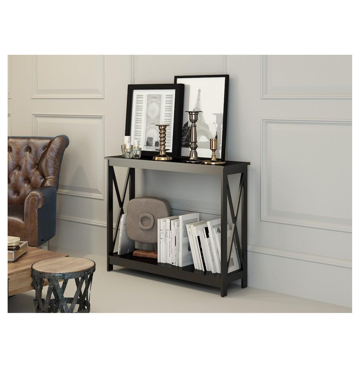 Black Finish 3-Tier X-Design Occasional Console Sofa Table Bookshelf ...