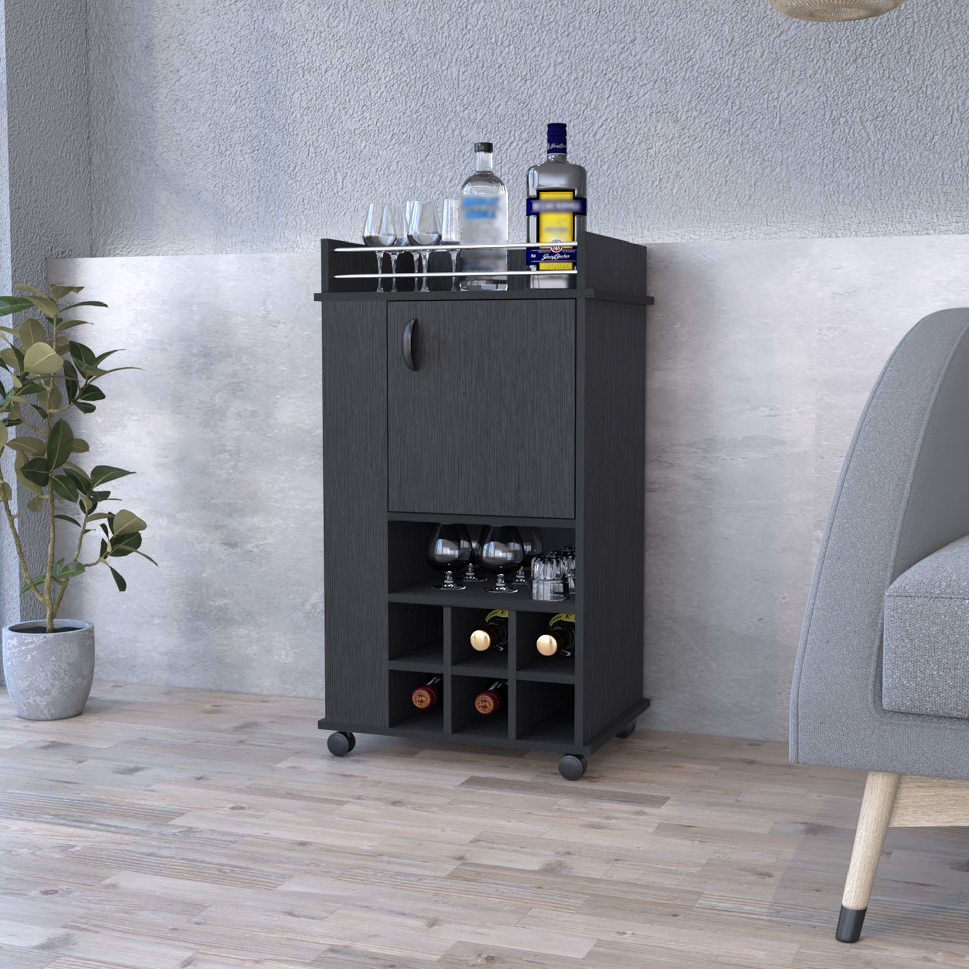 Black Finish Bar Cart With . 6 Wine & Door. Effortless Transport Of ...