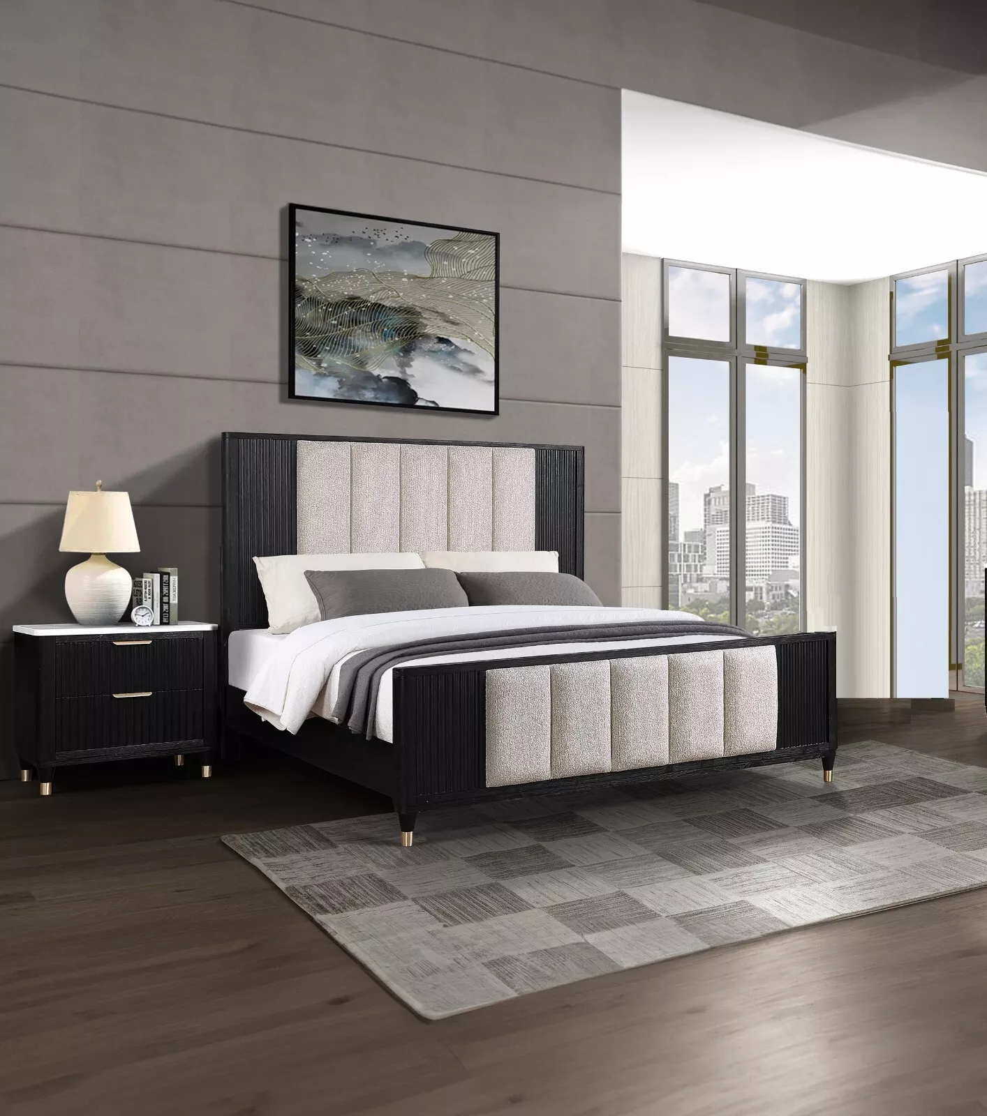 Black Finish Beige Upholstery Queen Size Panel Bed Nightstand Bedroom ...