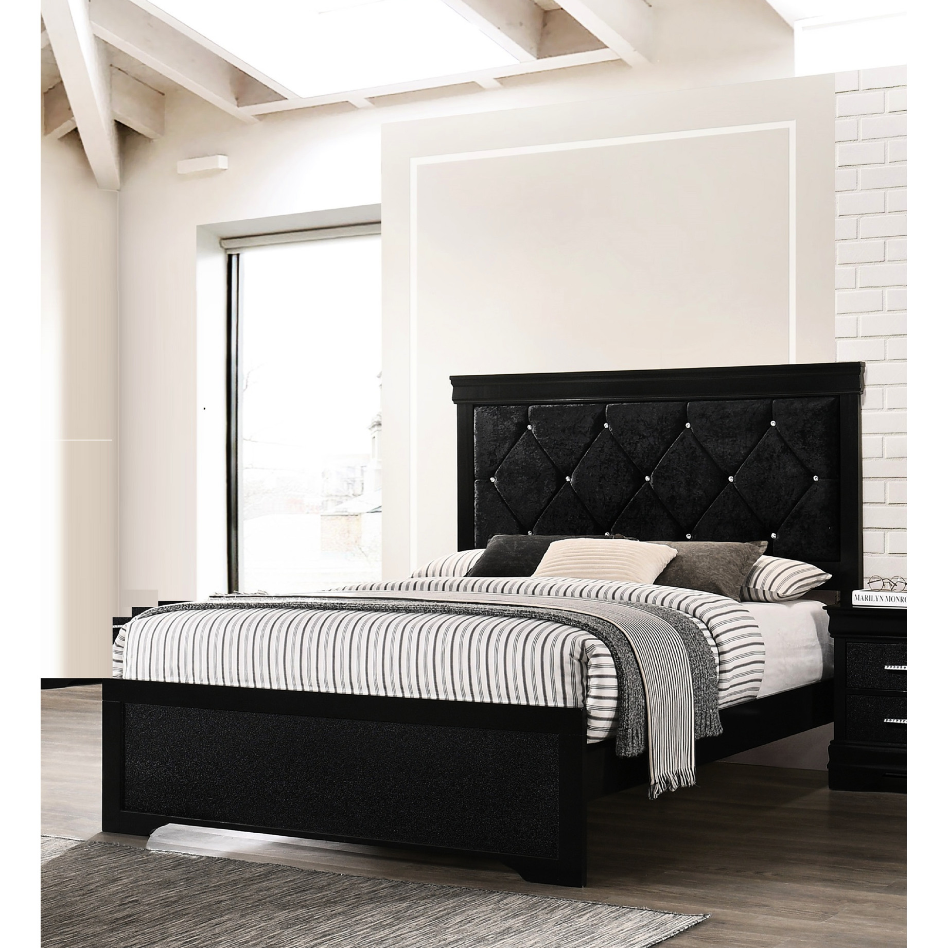 Black Finish Full Size Panel Bed With Resilient Upholstered Headboard ...