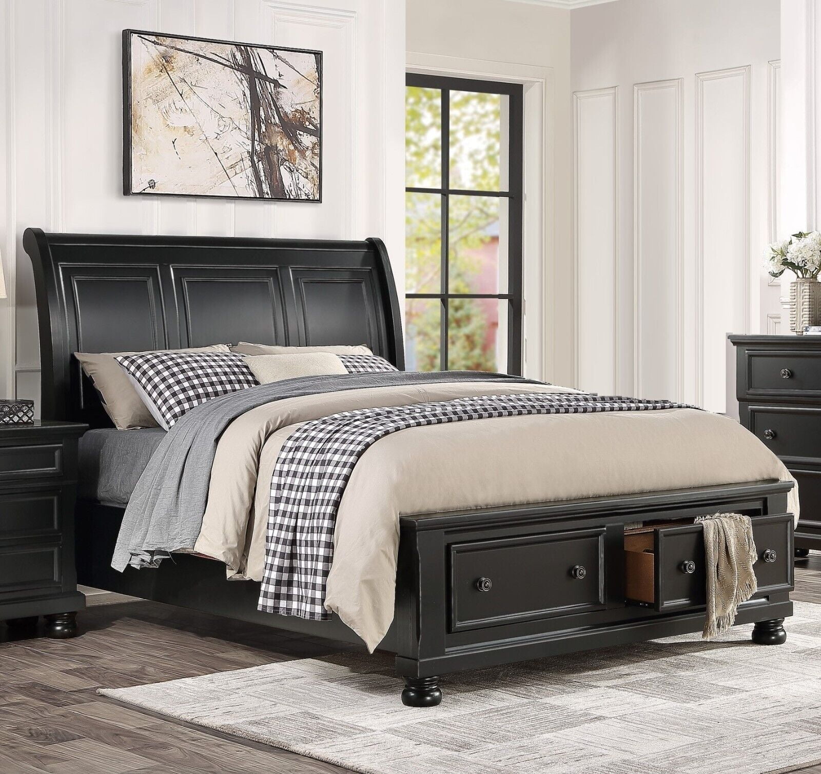 Black Finish Traditional Queen Platform Bed w Footboard Drawers Formal ...