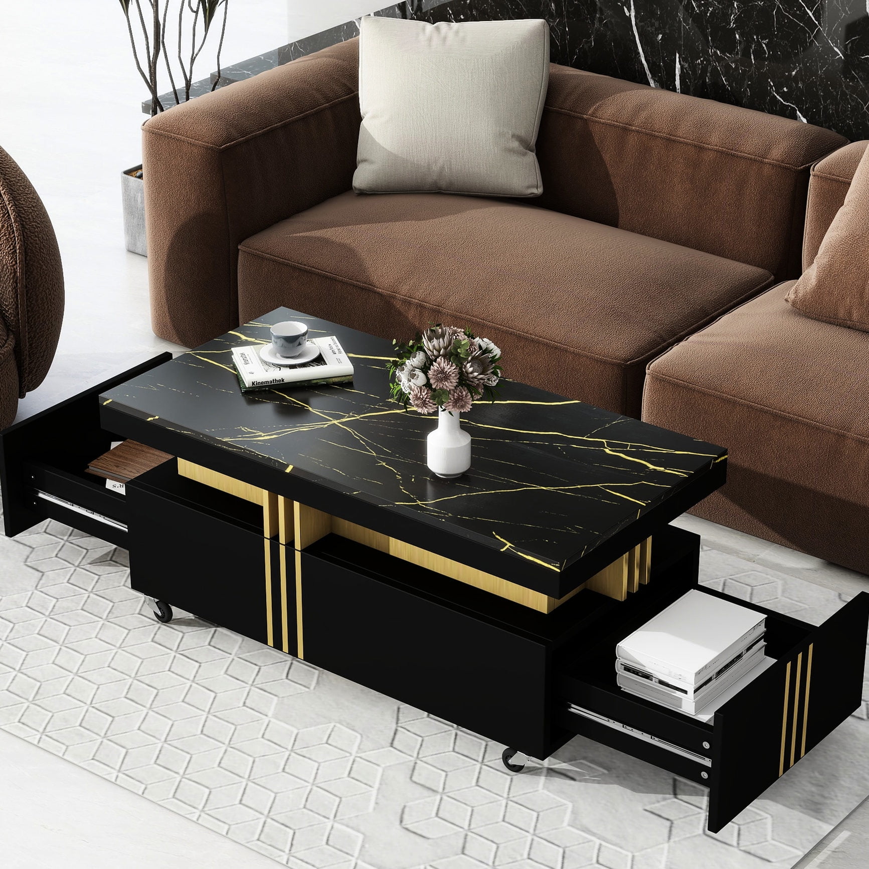Black Finish - Universal Caster Wheels - Living Room Coffee Center ...