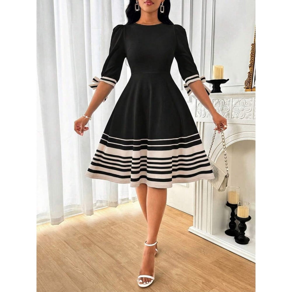 Black Fit And Flare Midi Dress With Striped Hem And Tie Cuffs Three ...