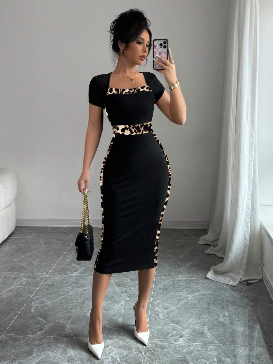 Black Fitted Square Neck Short Sleeve Midi Dress With Leopard Trim ...