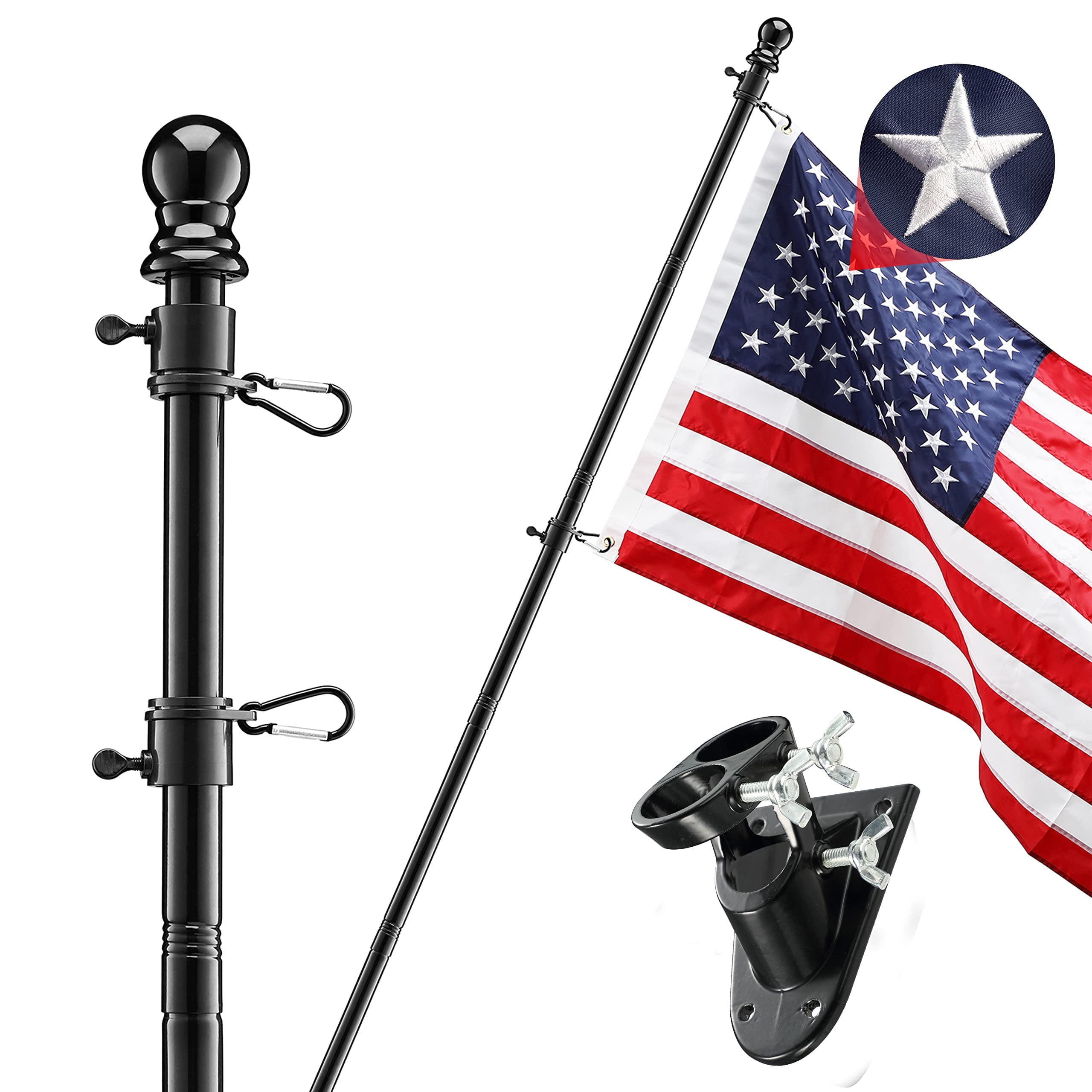 Black Flag Pole with US Flag and Bracket, Heavy Duty Stainless Steel ...