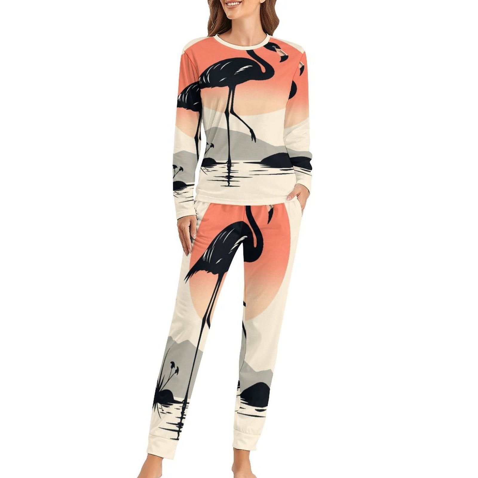 Black Flamingo Sunset Scene Pajamas Woman Two Piece Design Long Sleeves ...