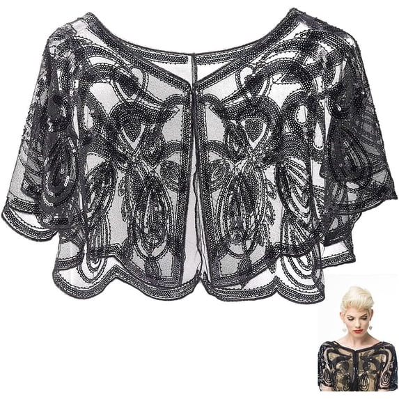 Black Flapper Wrap Shawl 1920s Womens Polyester Sequin Evening Cape ...