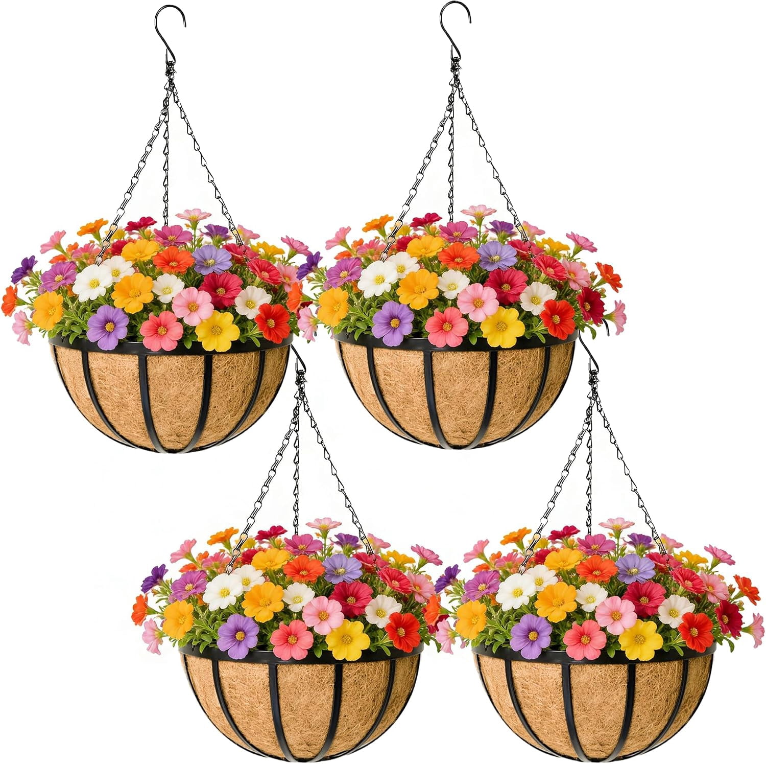 Black Flat Iron Metal Hanging Planter Basket with Coco Coir Liner(4 ...