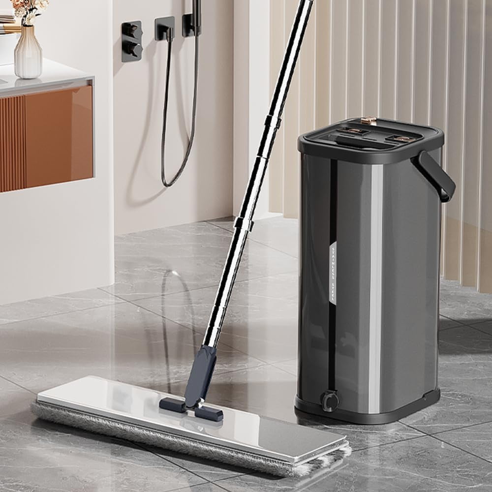 Black Flat Mop and Bucket for Home with 4 Extra Refills, Stainless ...