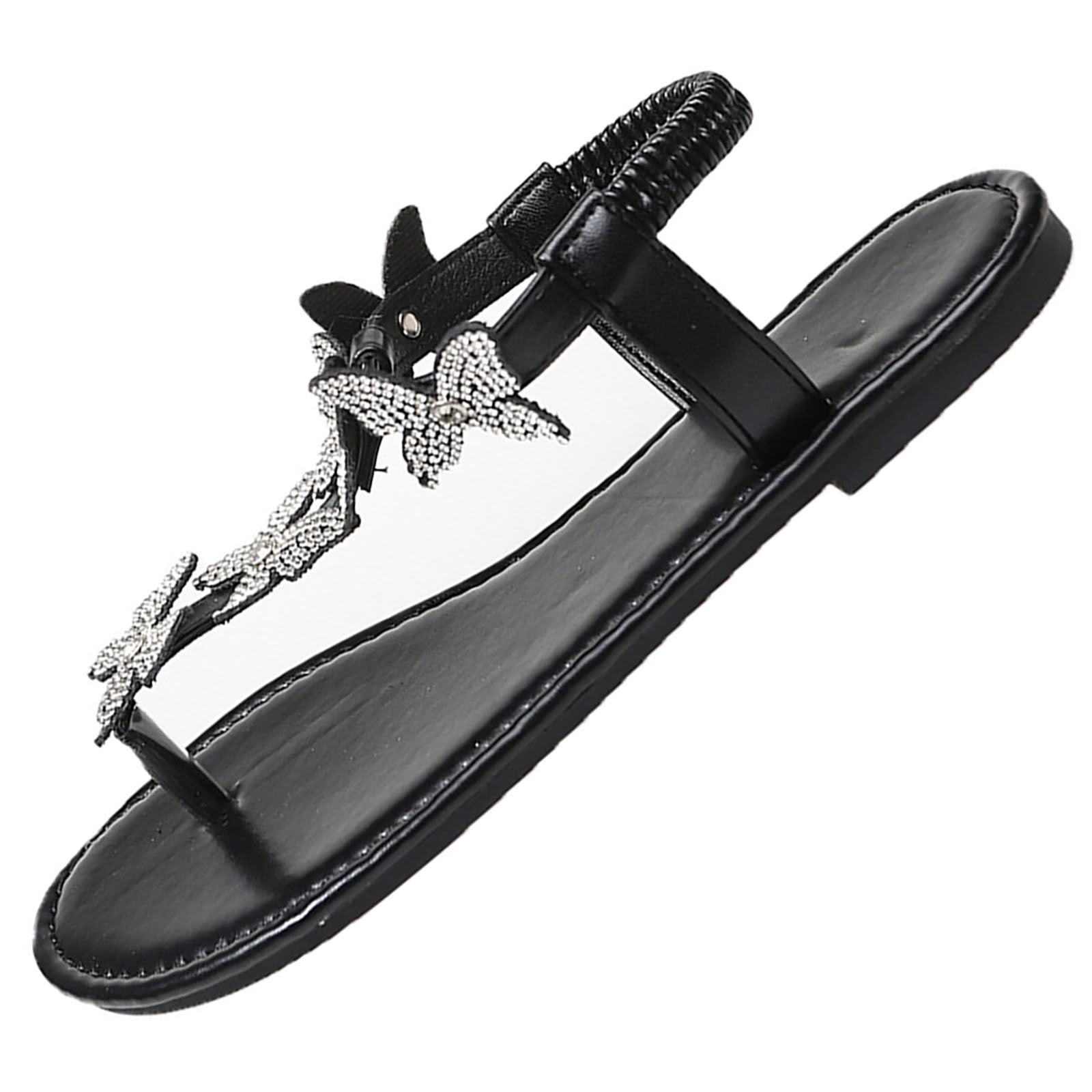 Black Flat Sandals For Women Round Open Toe Thong Style Elastic Back ...