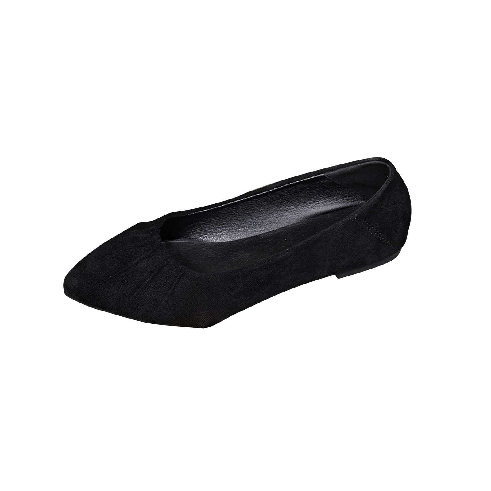 Black Flat Shoes For Ladies Pointed Pleated Shallow Cut Layer Suede ...