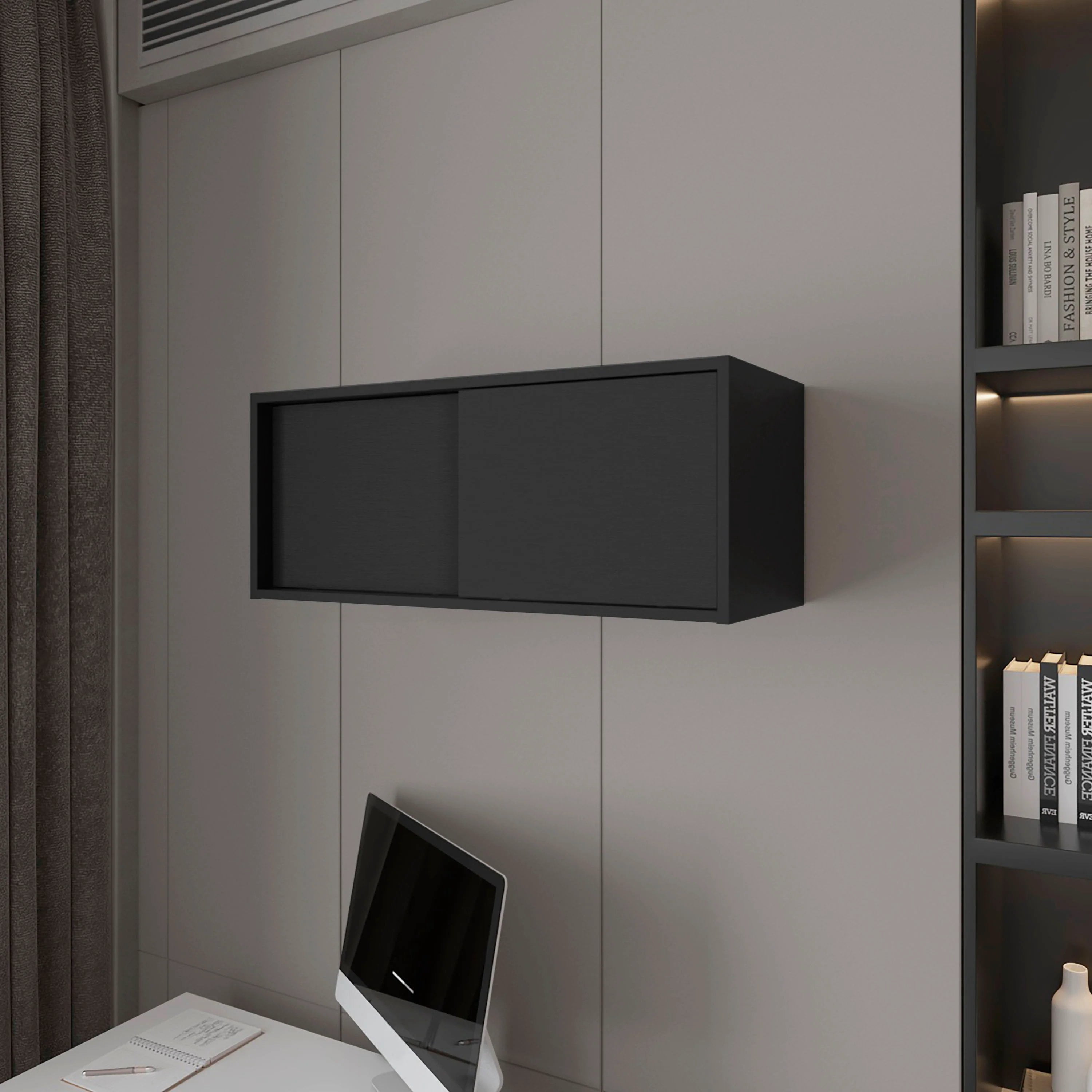 Black Floating Cabinet with Sliding Door,Black Particle Board Furniture ...