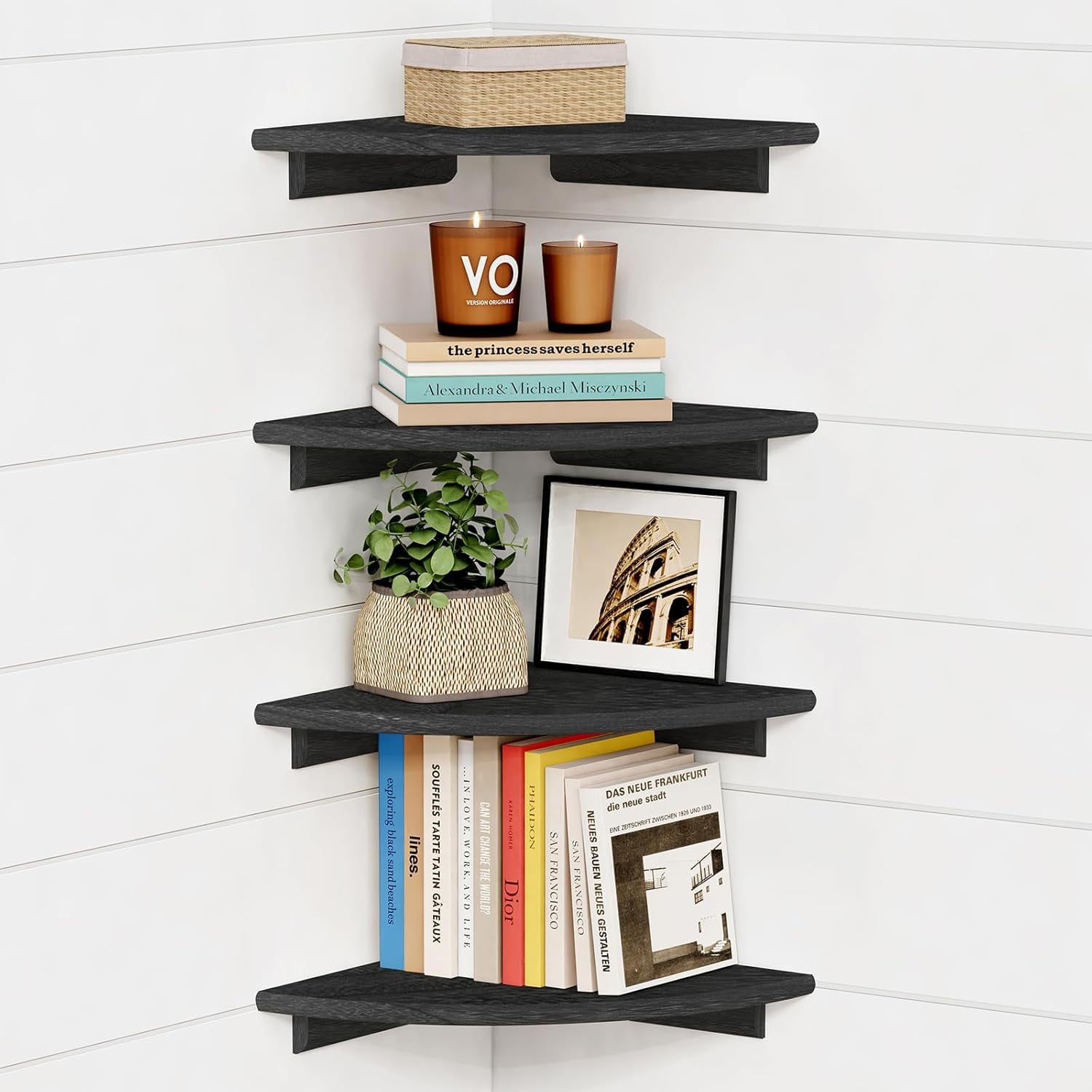 Black Floating Corner Bookshelf for Wall Set of 4, Large Corner Plant ...